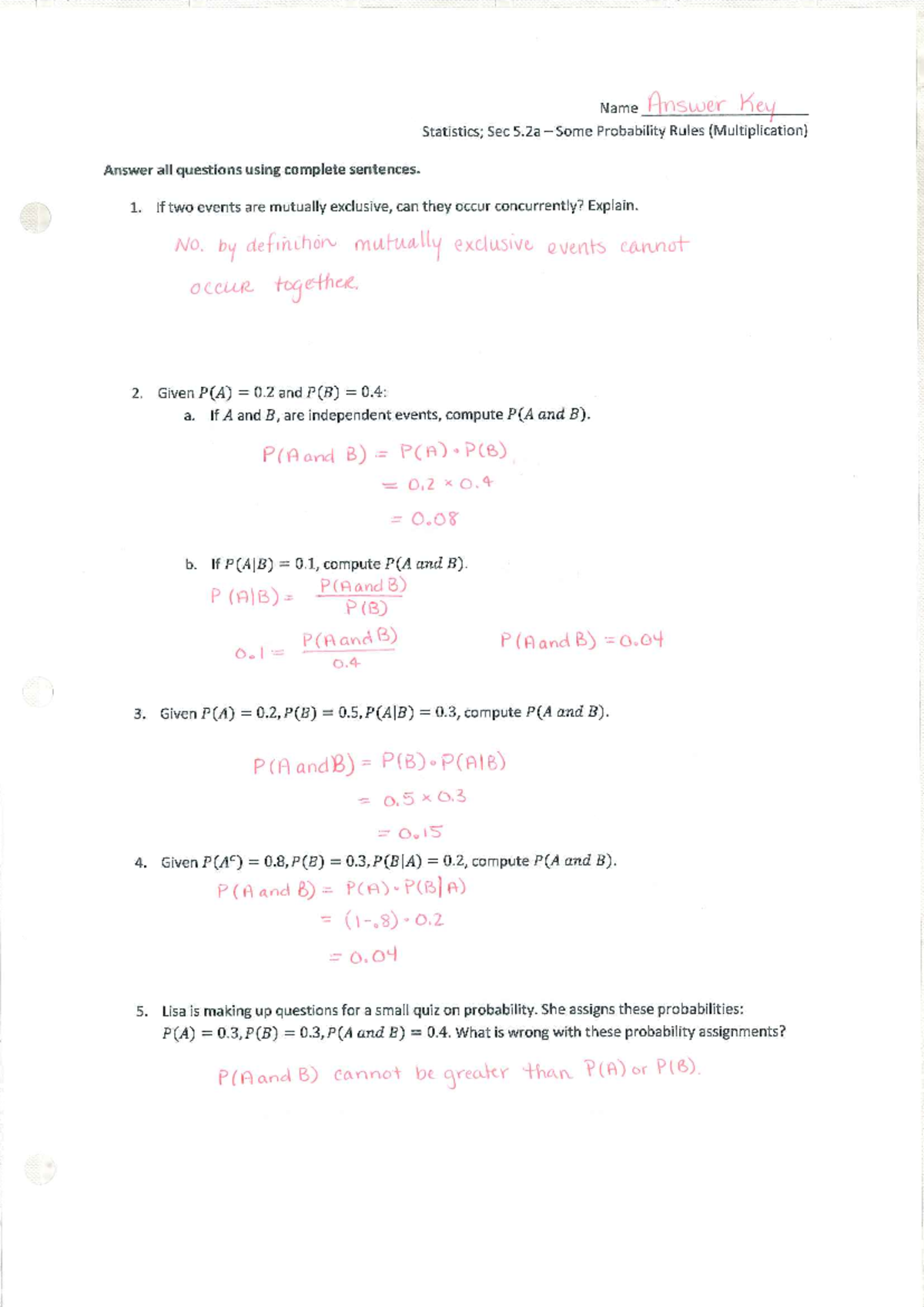 Stats Worksheet 5.2a - Name Answer Key Sec 5 Some Probability Rules ...