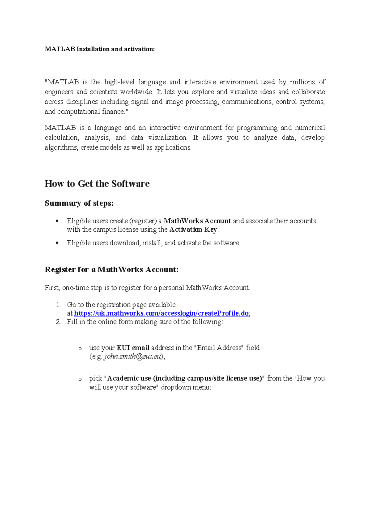 practical to introduction of matlab and robotics - MATLAB Installation and activation: "MATLAB ...