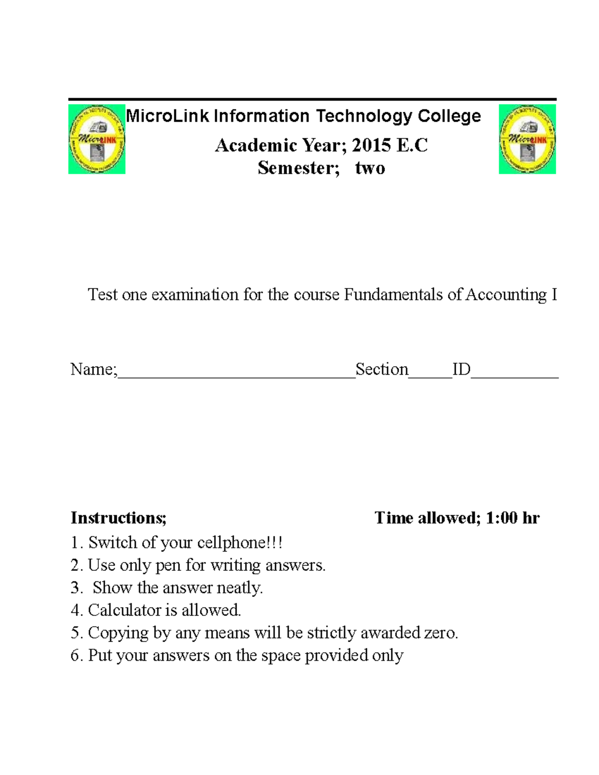 TEST 1 - test for accounting - Test one examination for the course ...