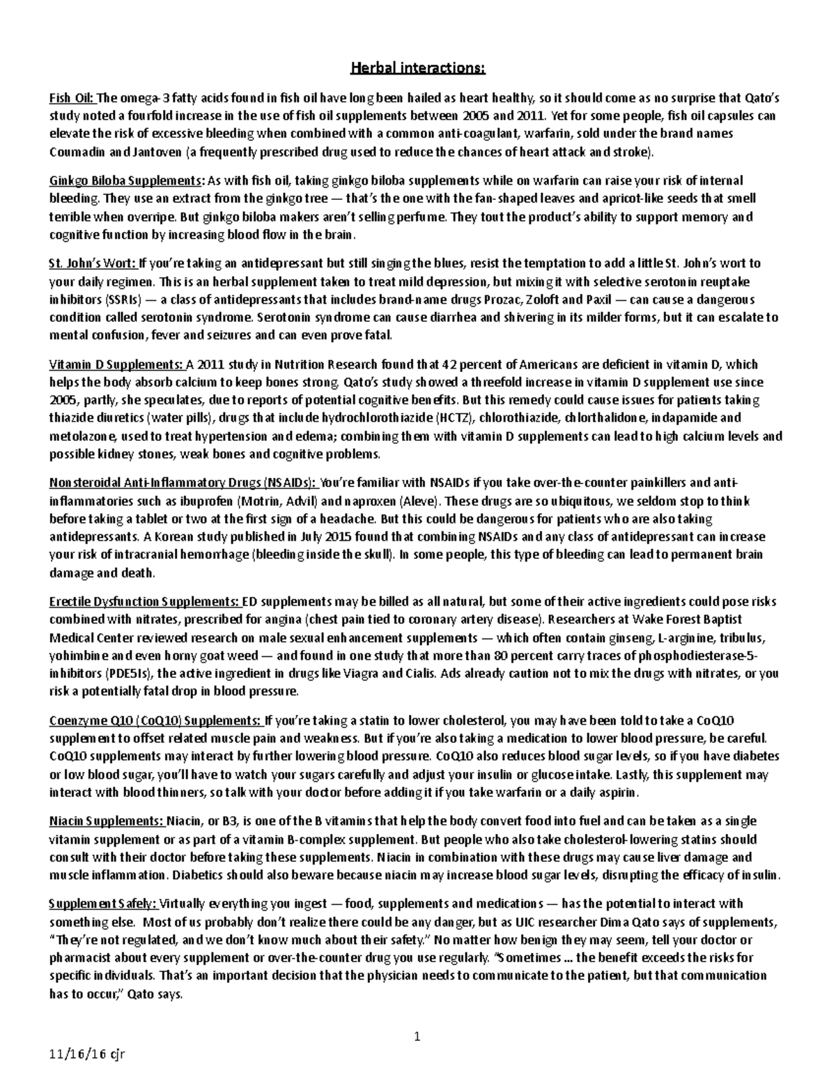 Herbal Drug Interaction Sheet - NUR3145 - Florida A&M University - Studocu