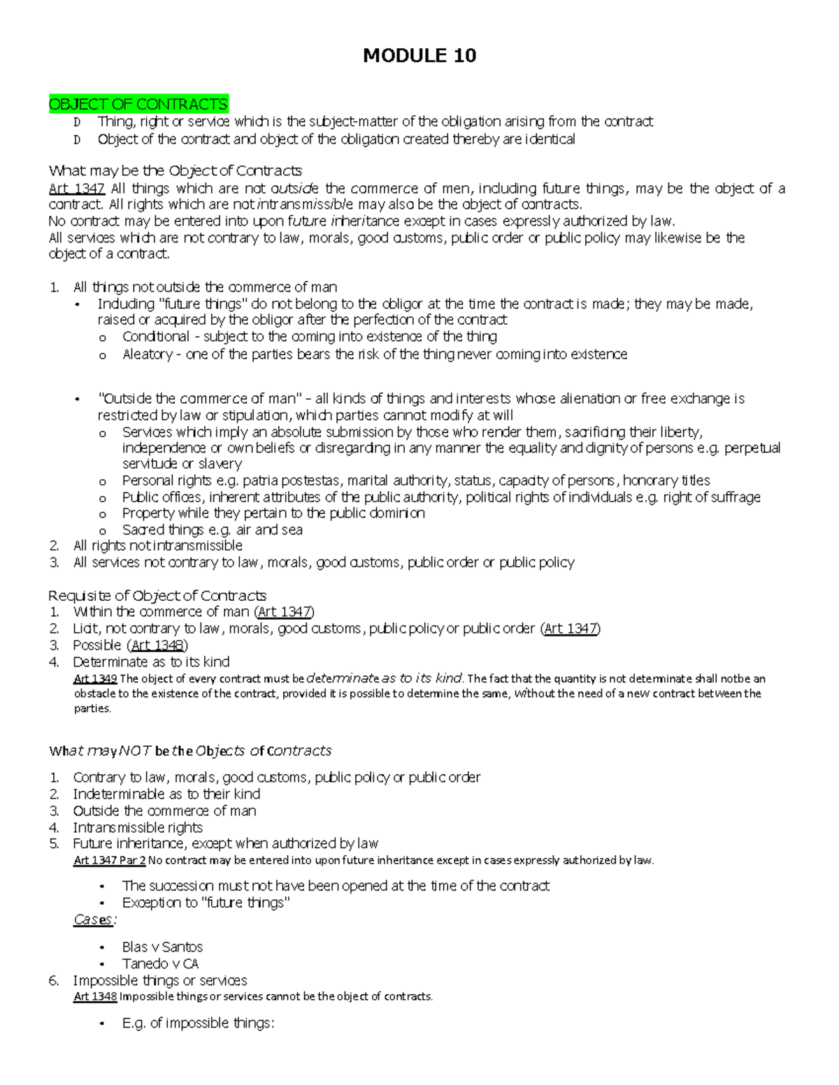 Module-10-pdf - Module 10 - MODULE 10 OBJECT OF CONTRACTS D Thing ...