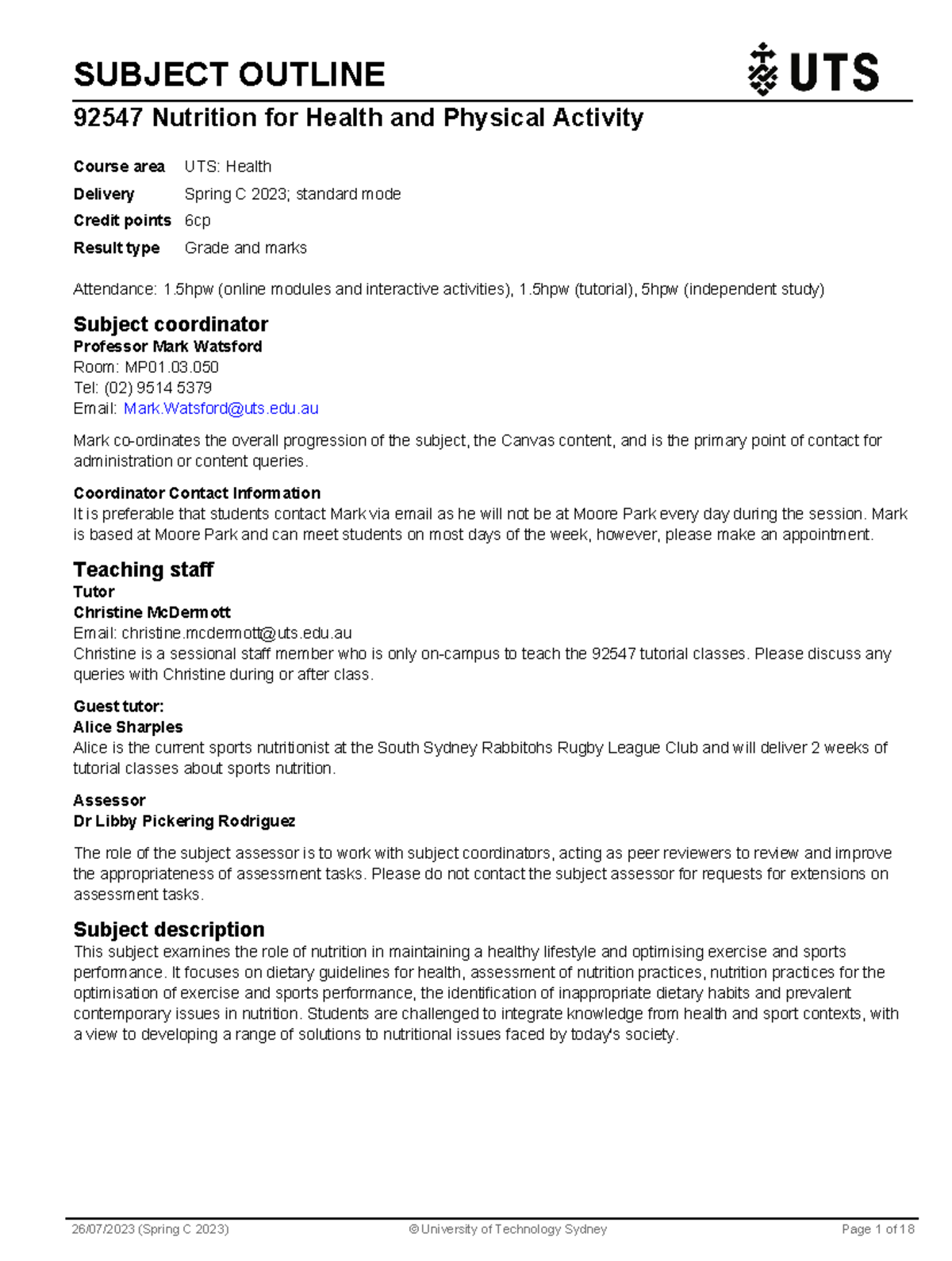 Subject Outline - SUBJECT OUTLINE 92547 Nutrition for Health and ...