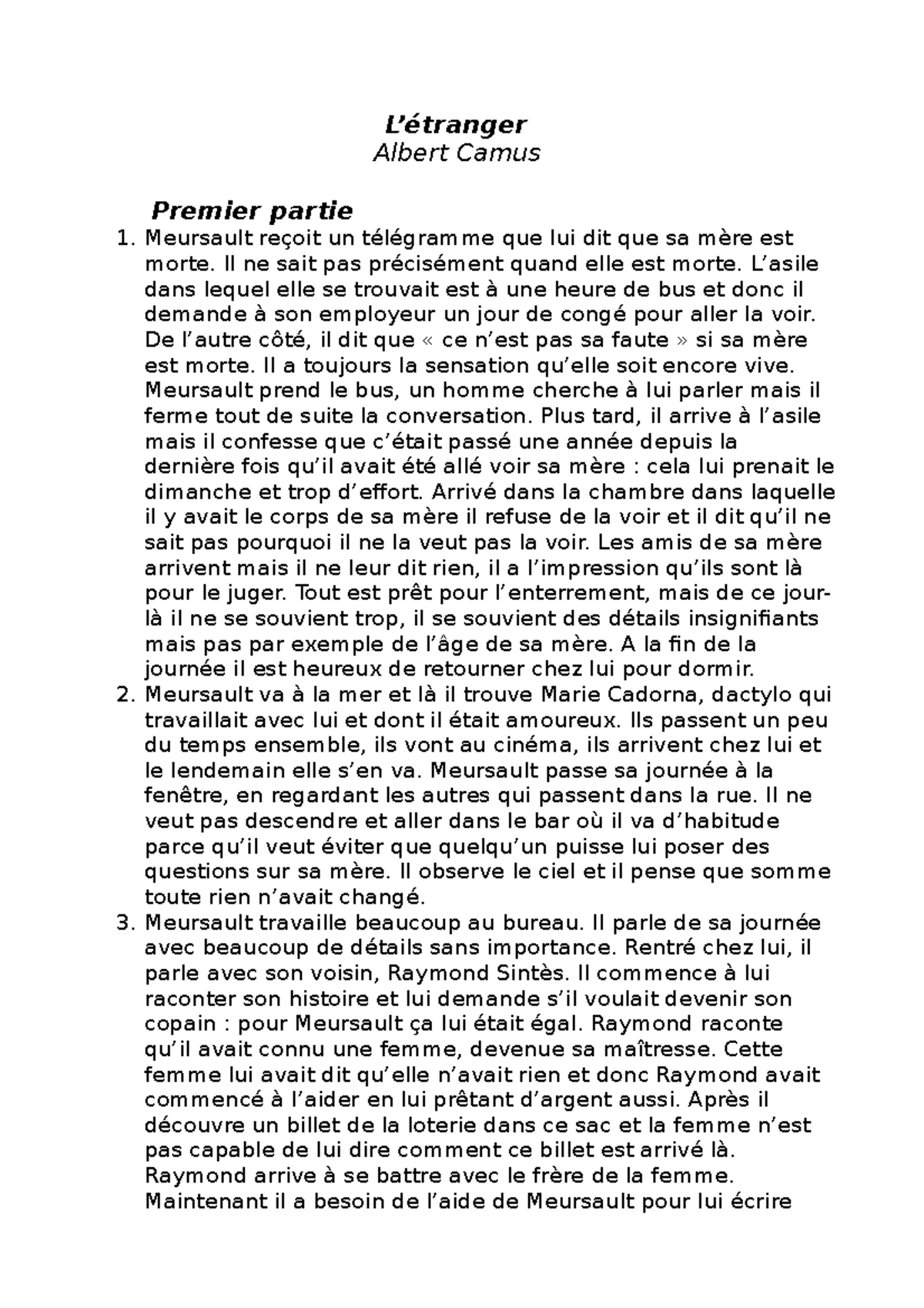 l'étranger, Camus - L’étranger Albert Camus Premier partie Meursault ...