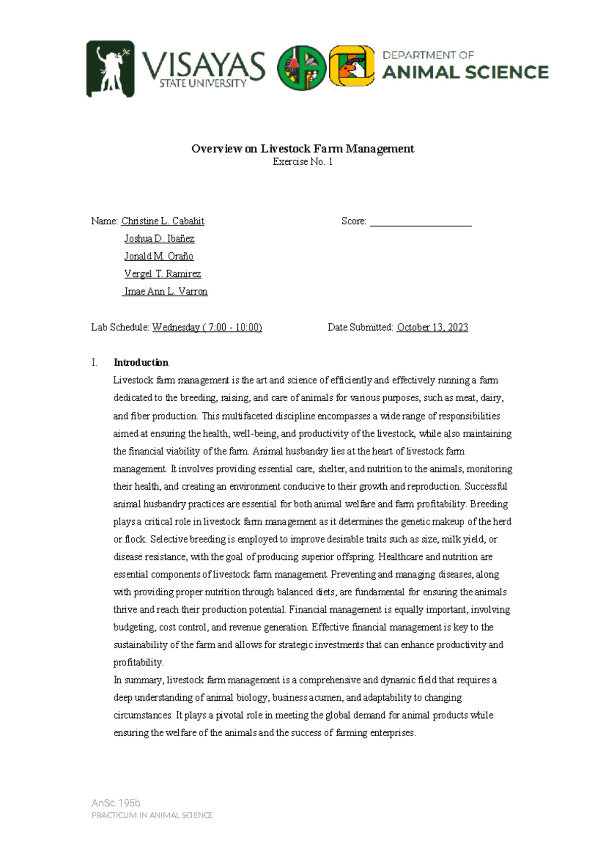 Exercise-1-Lab-Report Ansc195 Group 4 - Overview on Livestock Farm ...