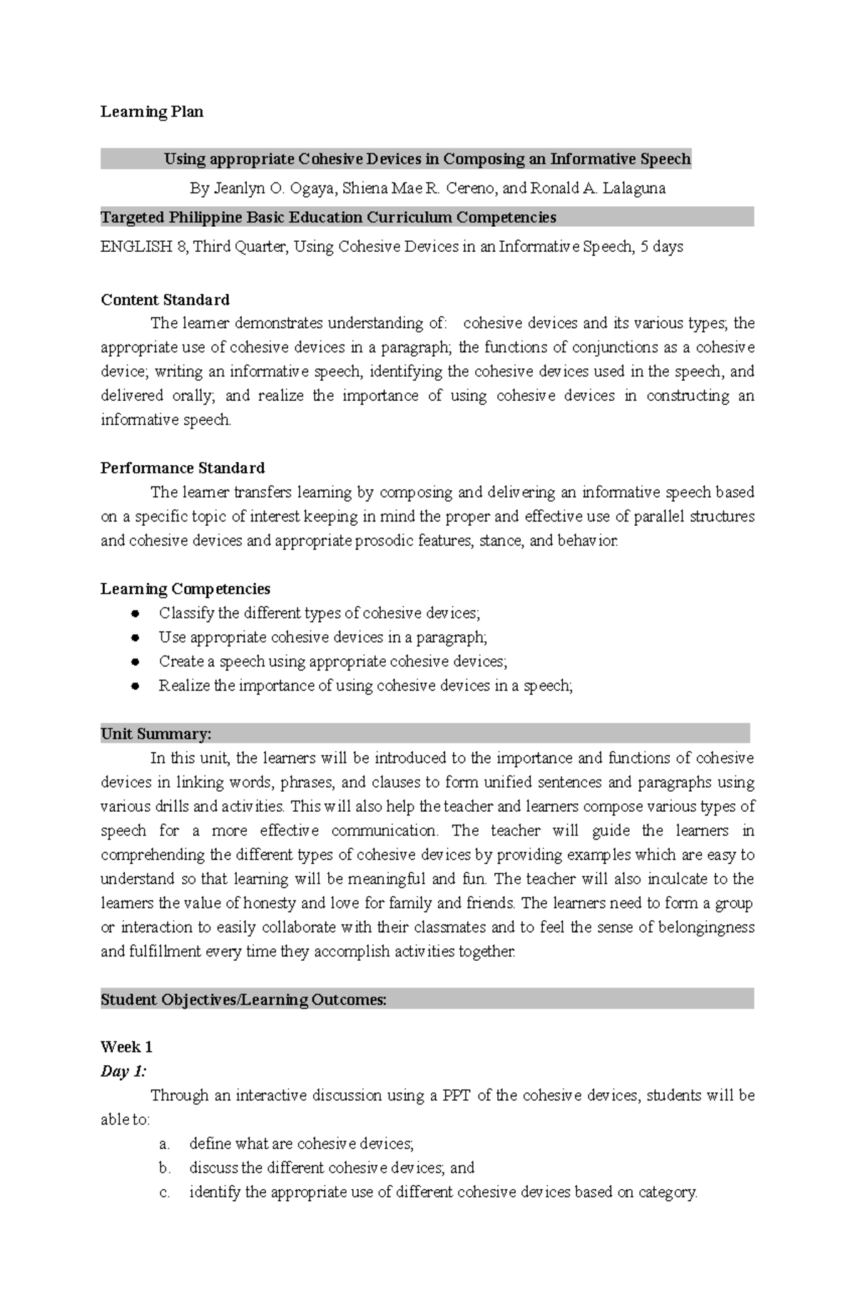 Learning Plan - Learning Plan Using appropriate Cohesive Devices in ...