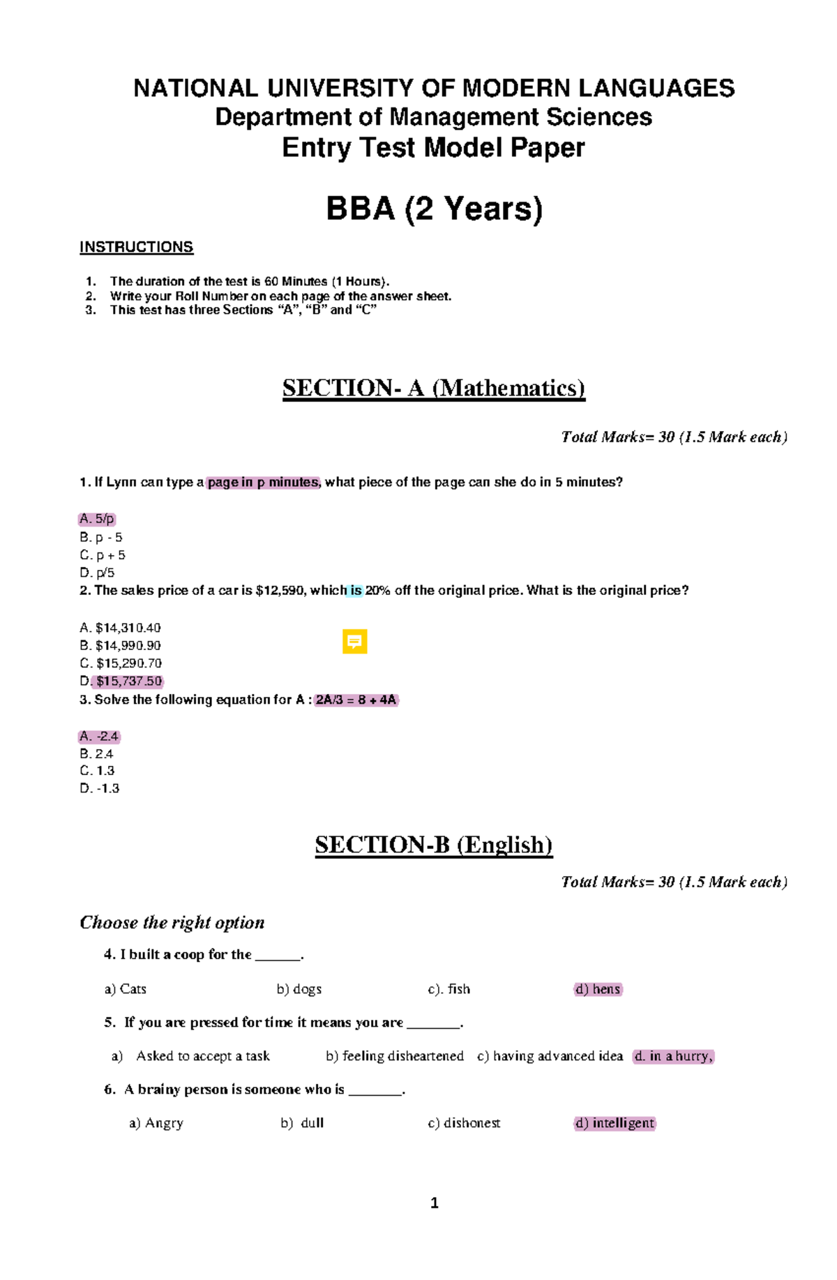 NUML BBA 2 - past papers - 1 NATIONAL UNIVERSITY OF MODERN LANGUAGES ...