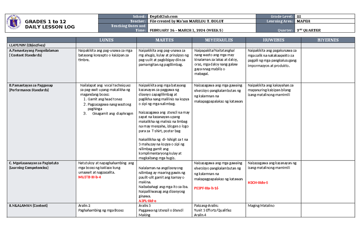 DLL Mapeh 3 Q3 W5 - DLL - GRADES 1 to 12 DAILY LESSON LOG School ...