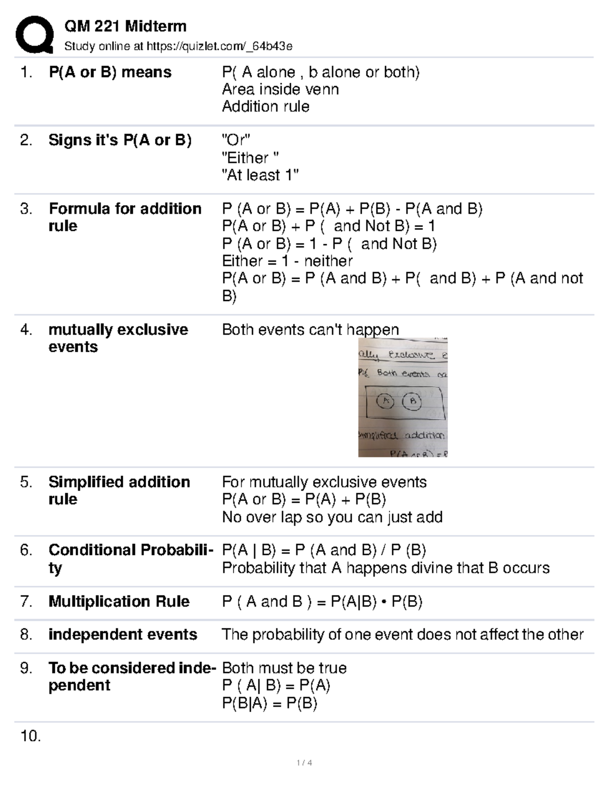 Review sheet - forumlas and stuff - Study online at quizlet/_64b43e P(A ...