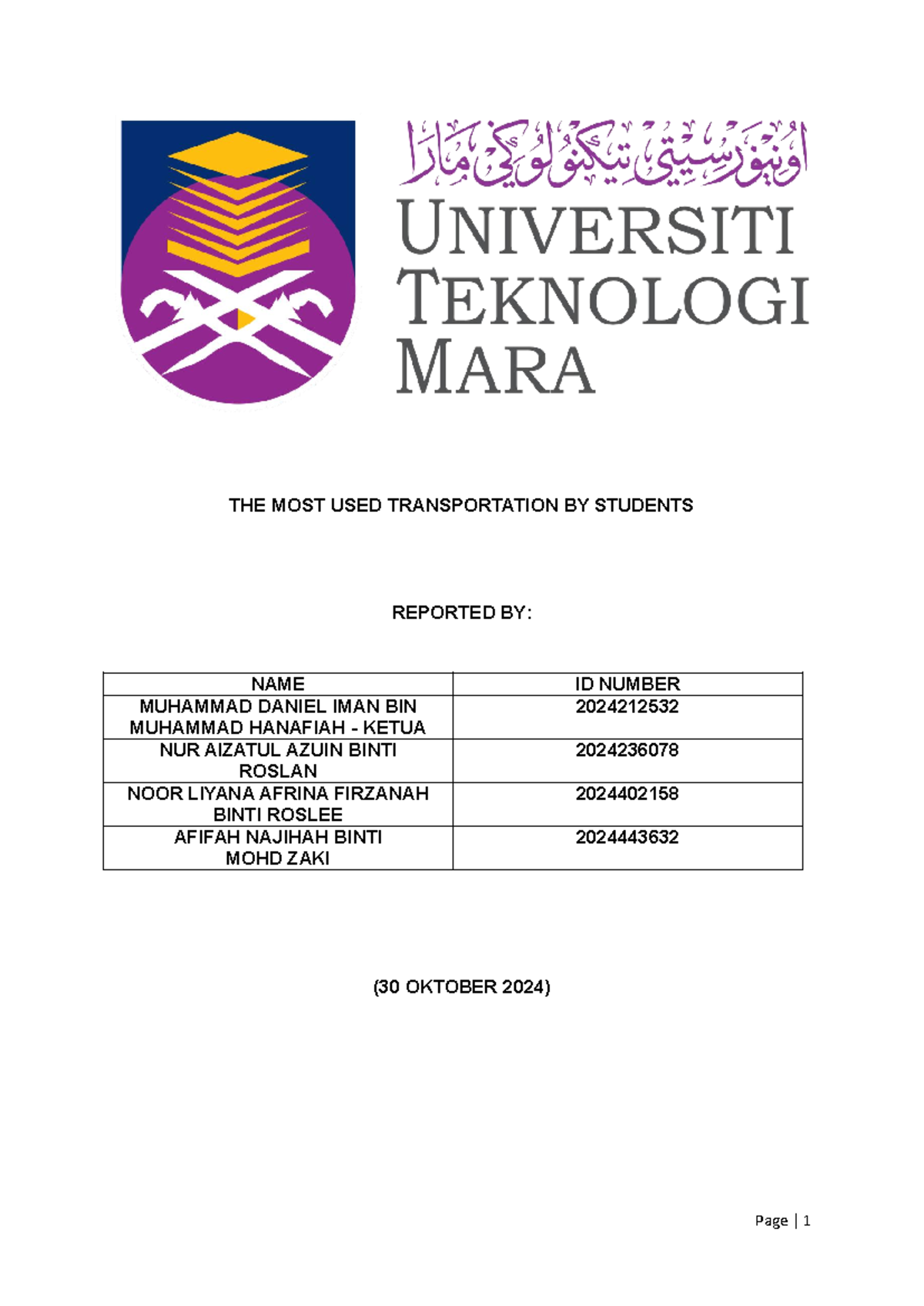 Assignment STA - nothing - THE MOST USED TRANSPORTATION BY STUDENTS ...