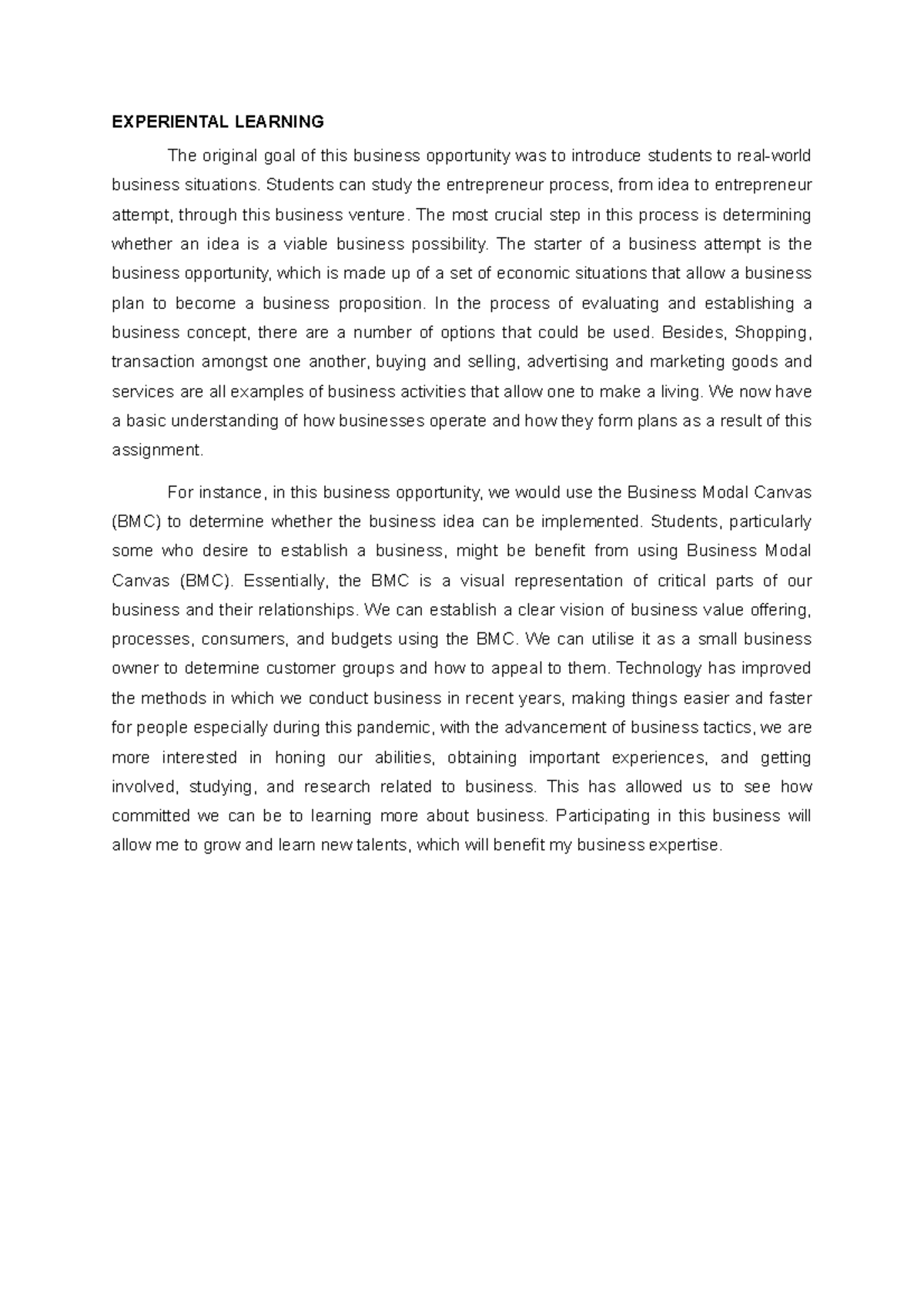 ENT300 - ASSG 2 (Experiental Learning) by Farah - EXPERIENTAL LEARNING ...