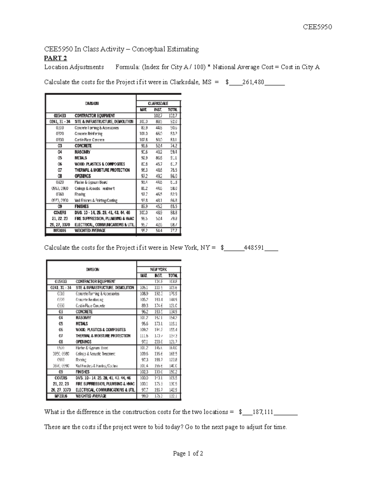 Lecture 13 - In Class Activity - Estimating - Part 2 - CEE CEE5950 In ...