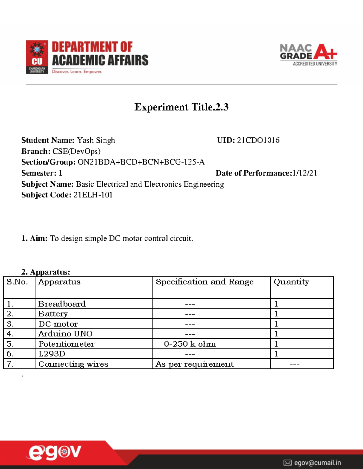 Beee EXP 2 - Basic electrical engineering - Experiment Title. Student Name: Yash Singh UID ...