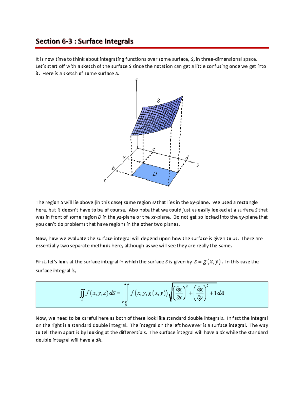 Calc Iii Surf Int Lecture Notes Section 6 3 Surface Integrals It Is Now Time To Think