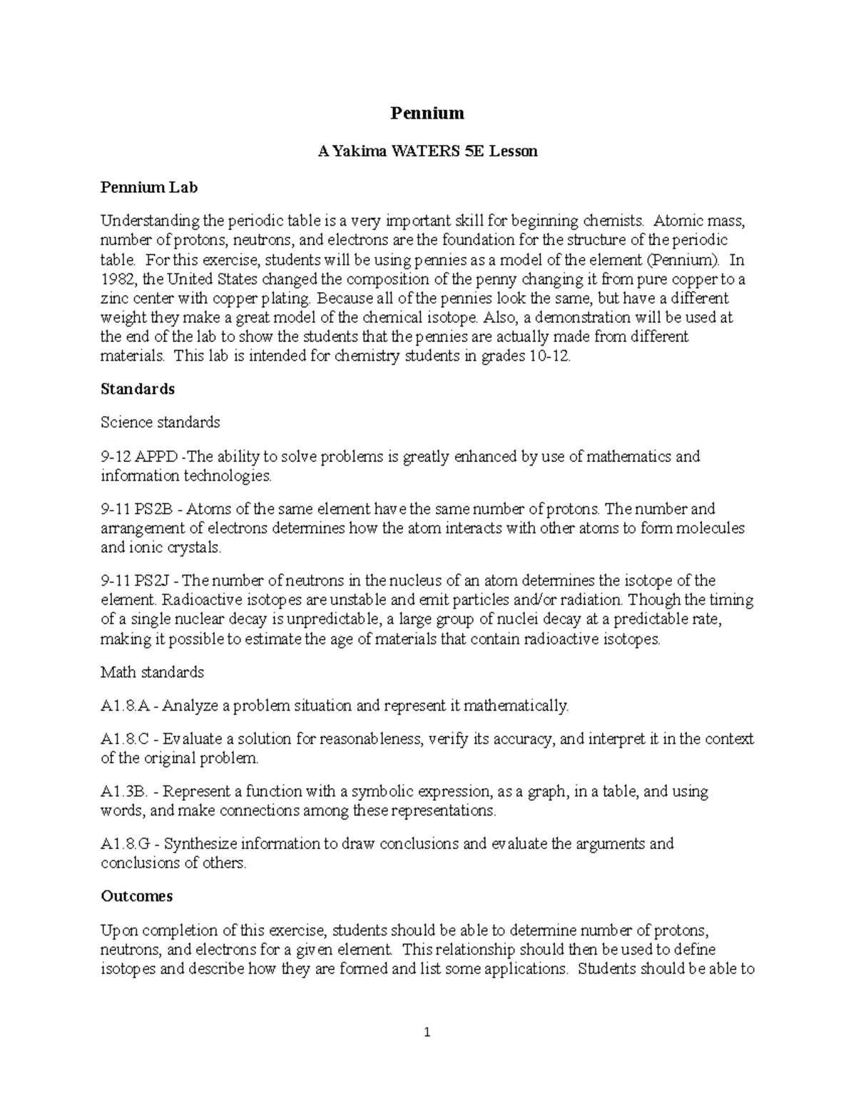 Lp pennium isotopes 912 - Pennium A Yakima WATERS 5E Lesson Pennium Lab ...