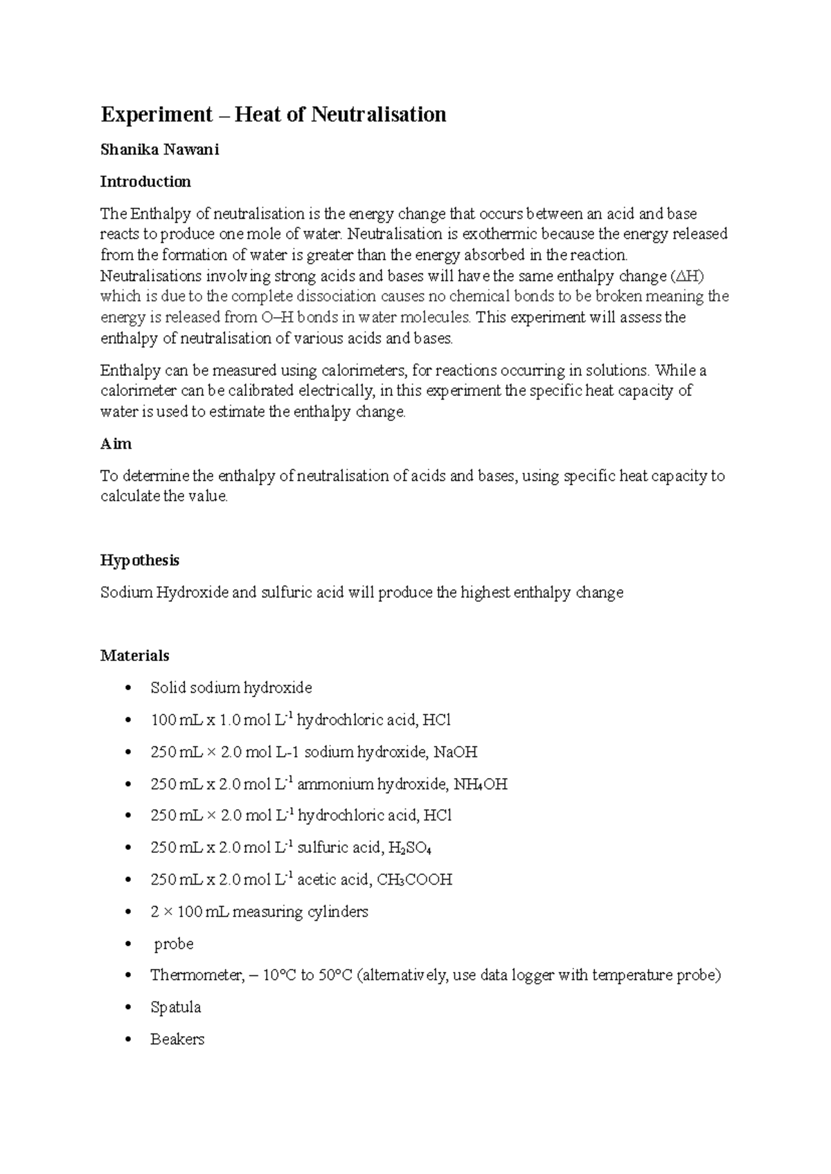 Experiment - Enthalpy of Neutralisation - Experiment – Heat of Neutralisation Shanika Nawani ...