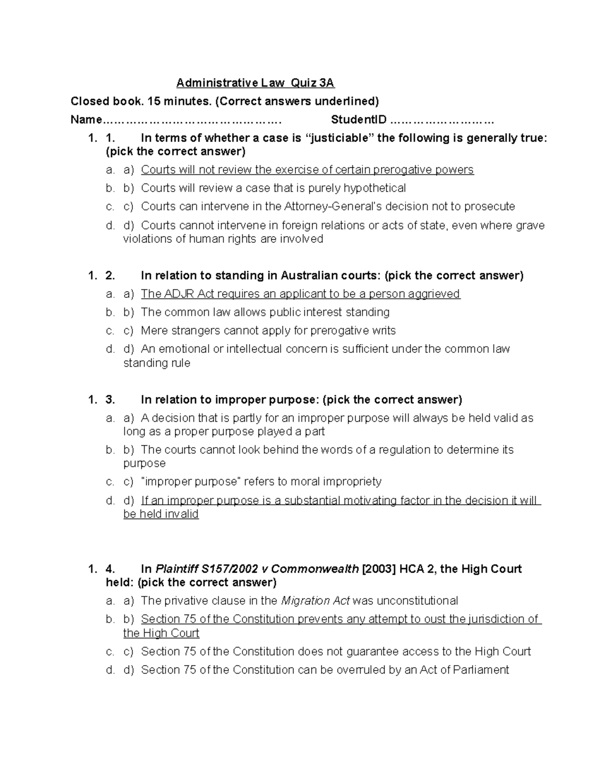 Administrative Law Quiz 3A doc - Administrative Law Quiz 3A Closed book ...