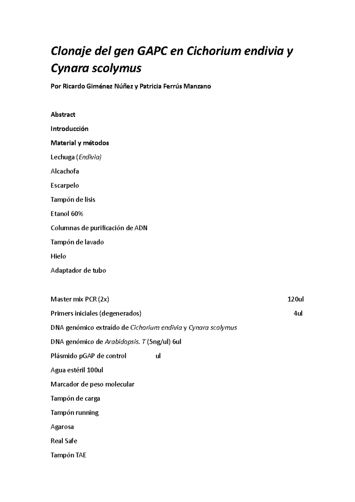 Clonaje del gen GAPC en Cichorium endivia y Cynara scolymus - Clonaje ...
