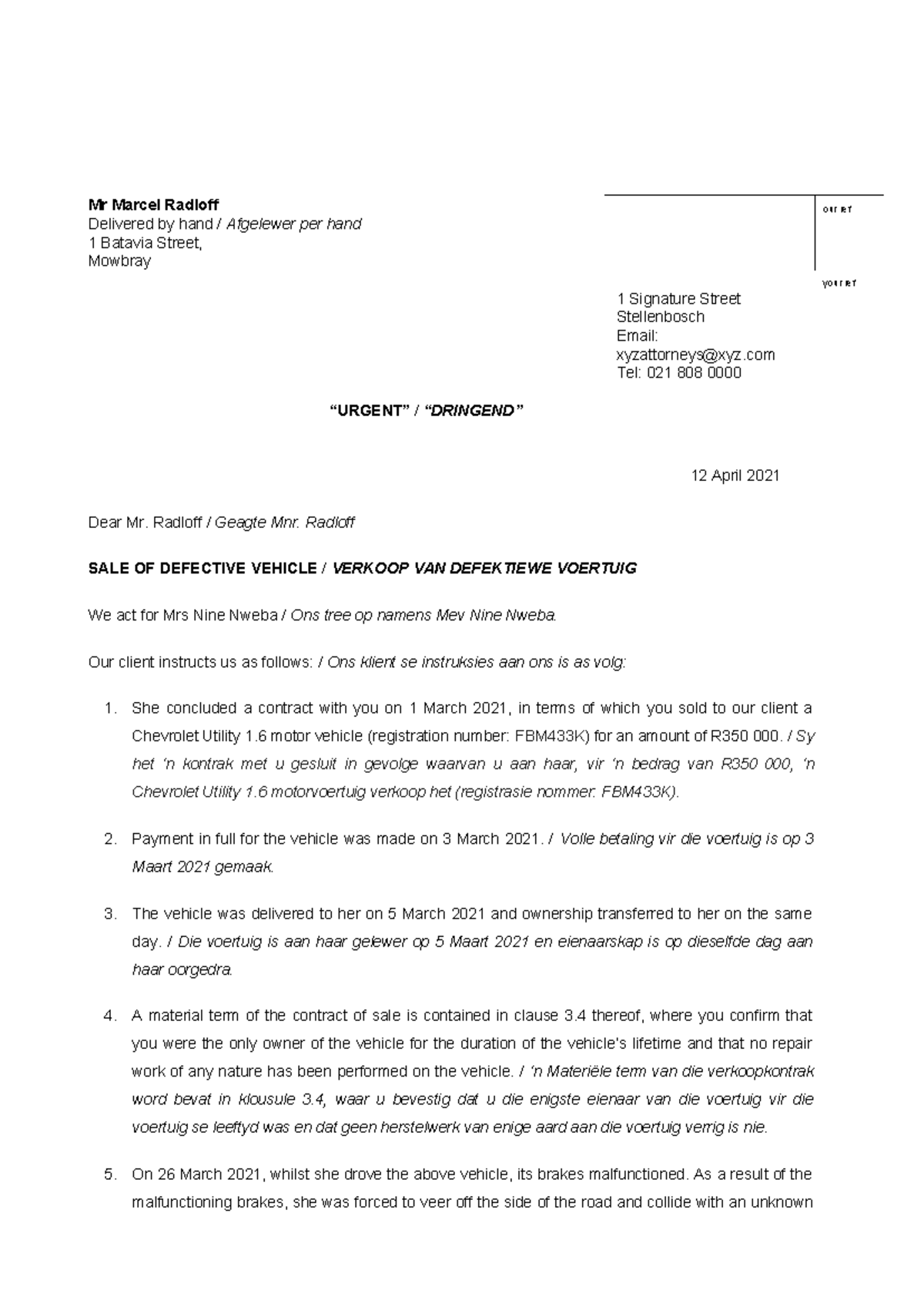 Letter of Demand example - Mr Marcel Radloff Delivered by hand ...