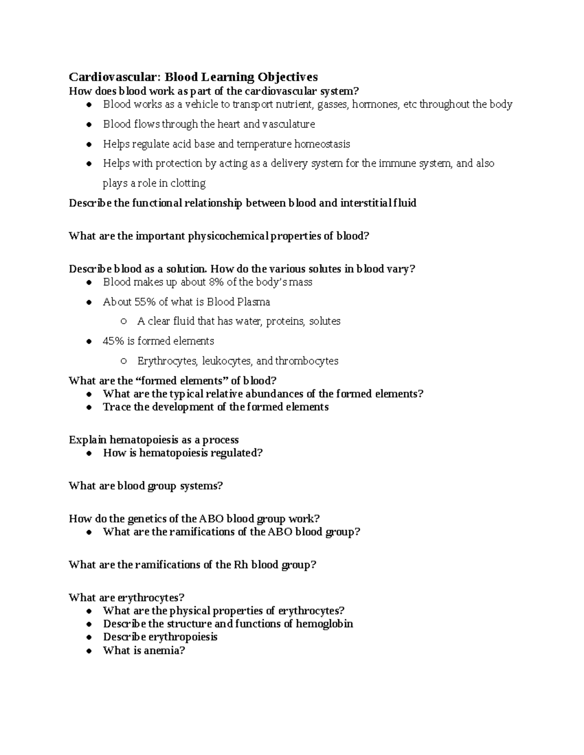 Cardiovascular Learning Objectives - Cardiovascular: Blood Learning ...
