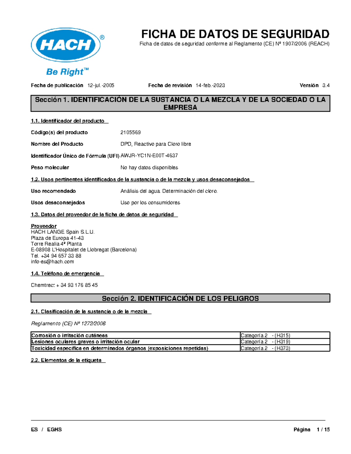 FDS DPD, Reactivo PARA Cloro Libre - FICHA DE DATOS DE SEGURIDAD Ficha ...