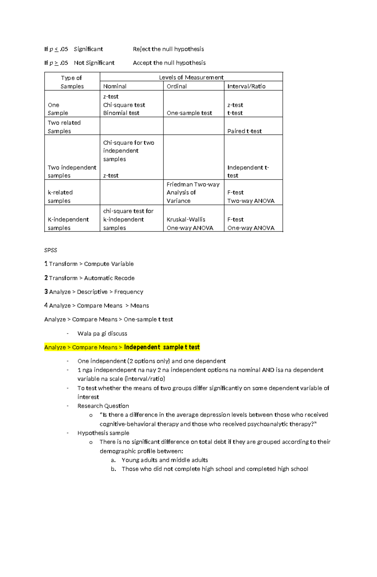 How-to-spss - Summary Inferential Statistics - If p