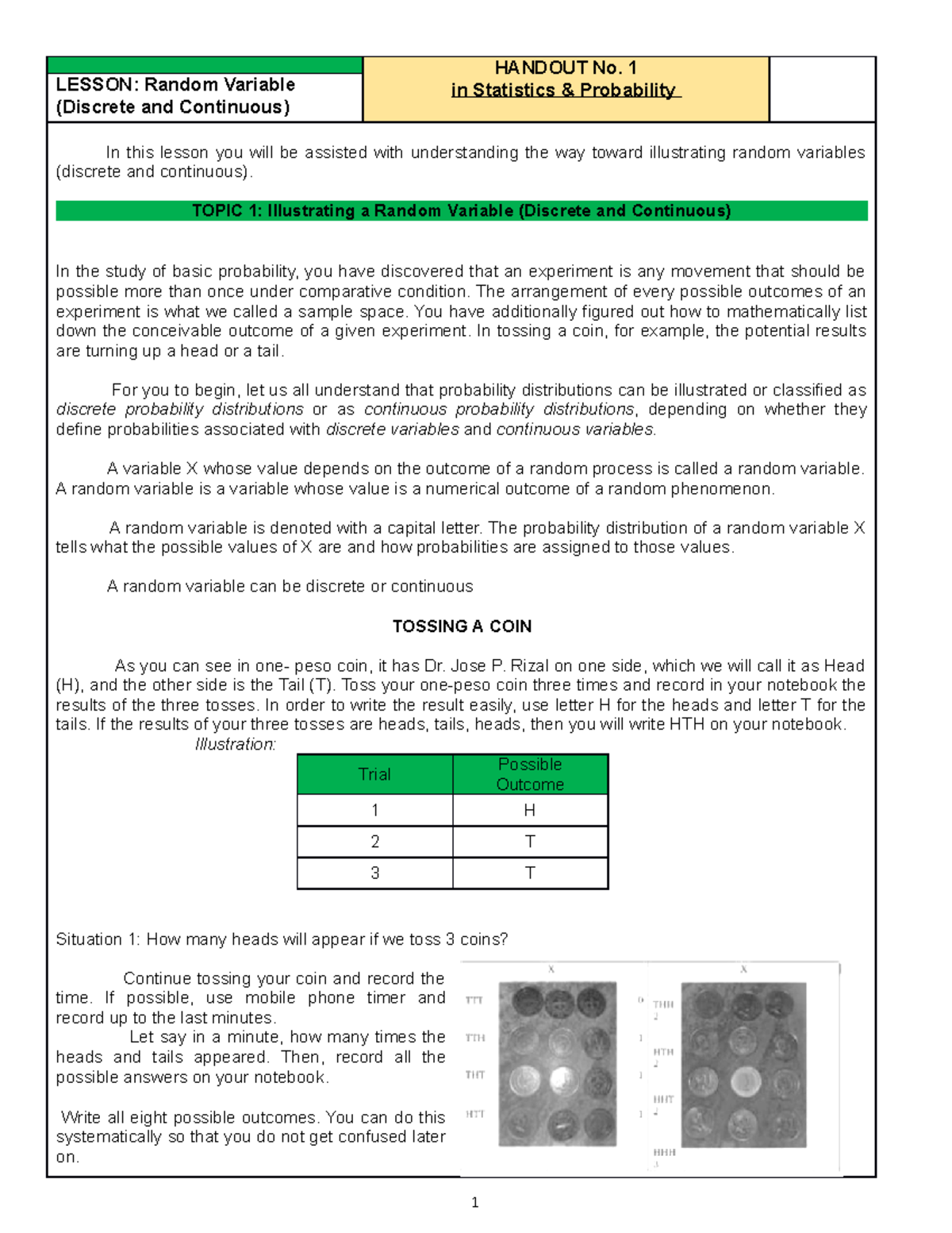 Statistics and Probability Handout Week 1 - HANDOUT No. 1 LESSON ...