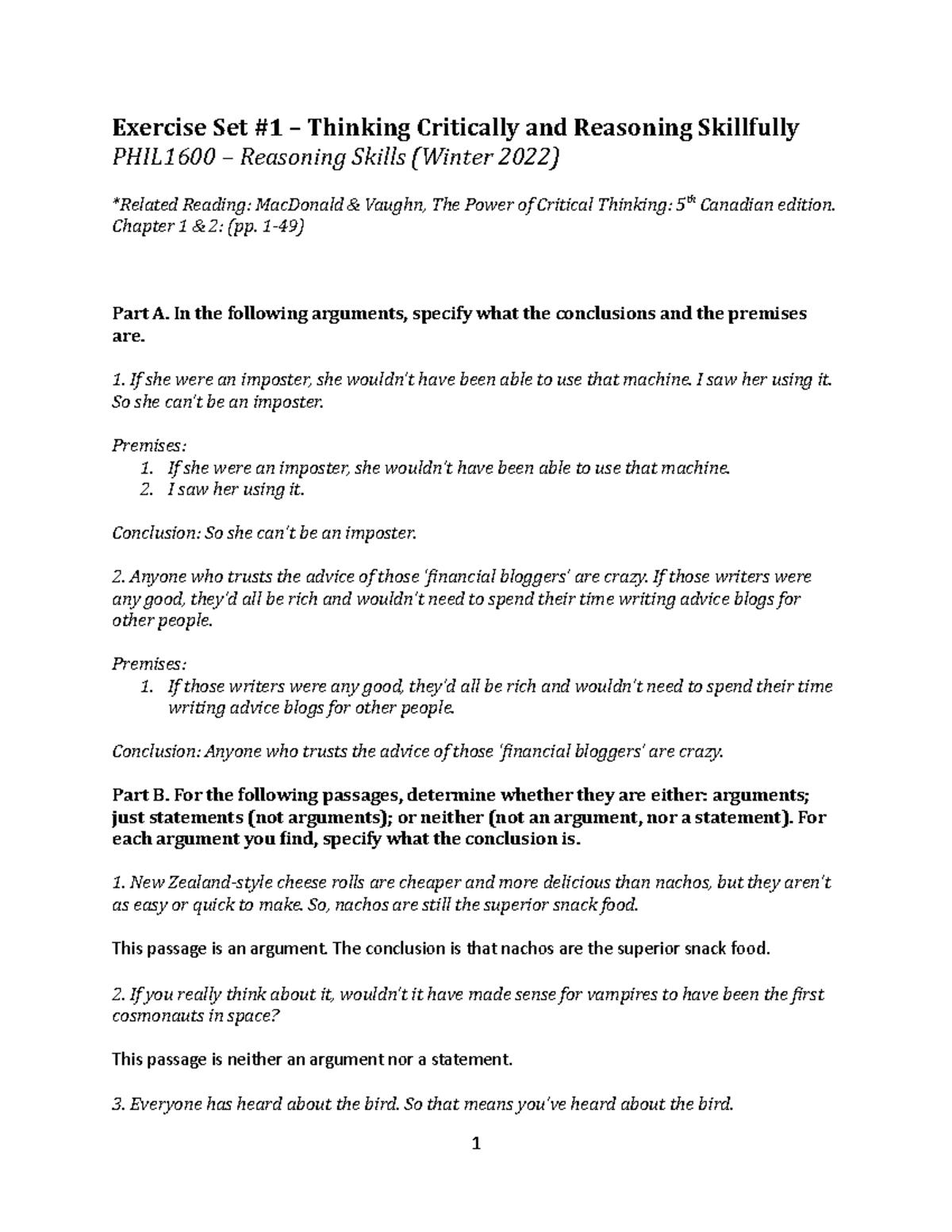 Exercise Set 1 - aasf adf s - Exercise Set #1 – Thinking Critically and Reasoning Skillfully ...