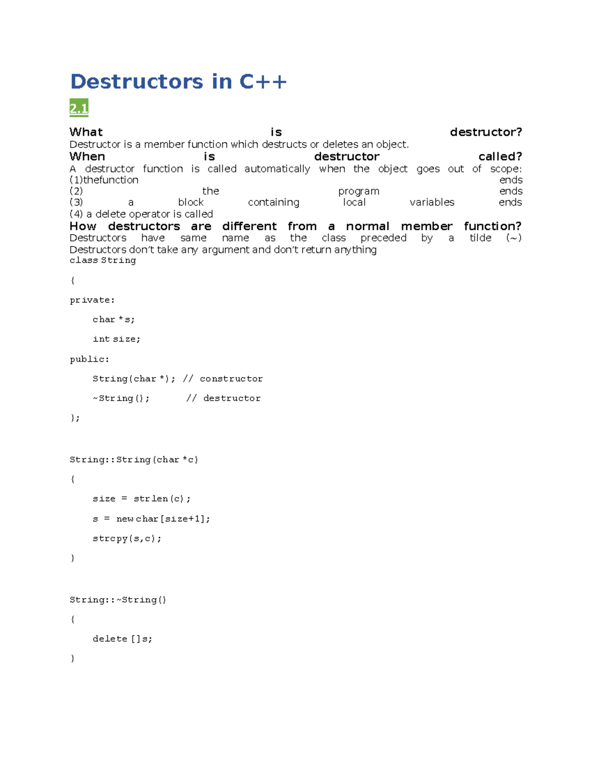 Document 7 Access Control And Inheritance Destructors In C 2 What Is Destructor