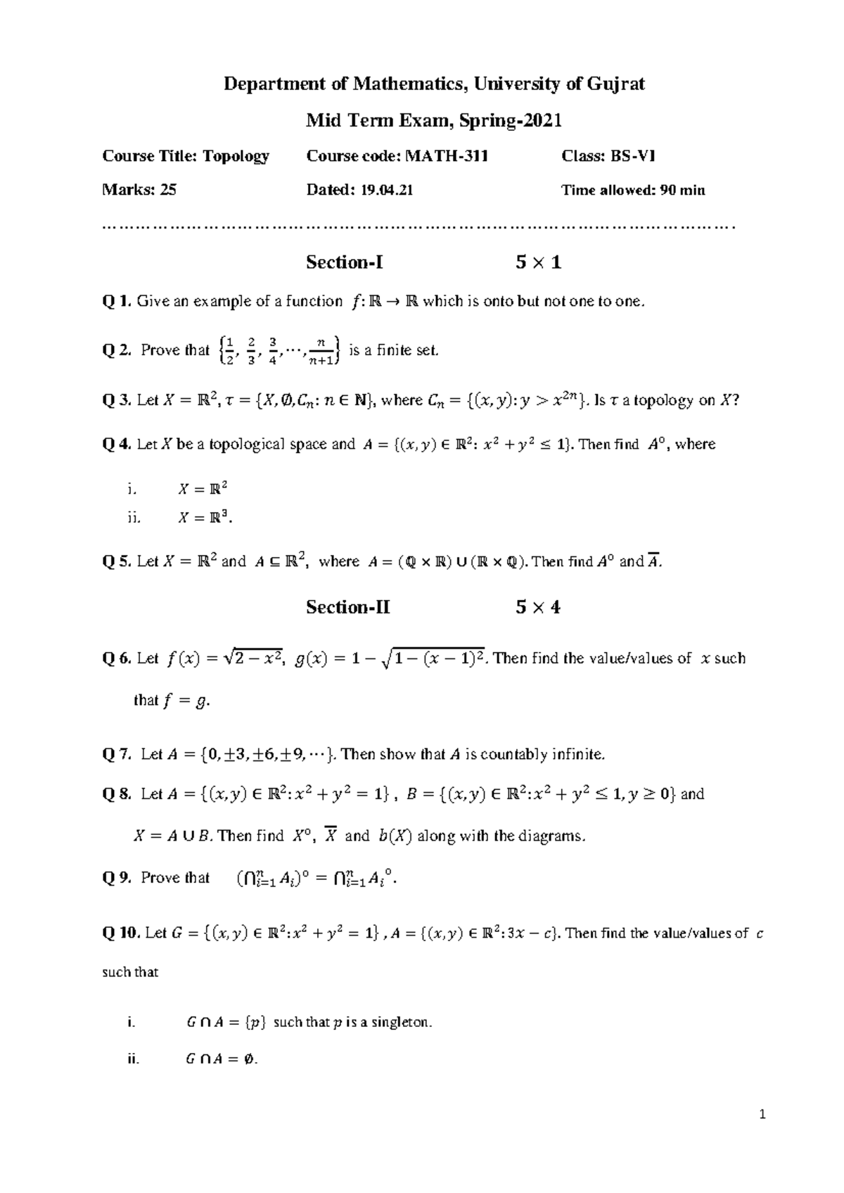 Mid - papers - 1 Department of Mathematics, University of Gujrat Mid Term Exam, Spring- 2021 ...
