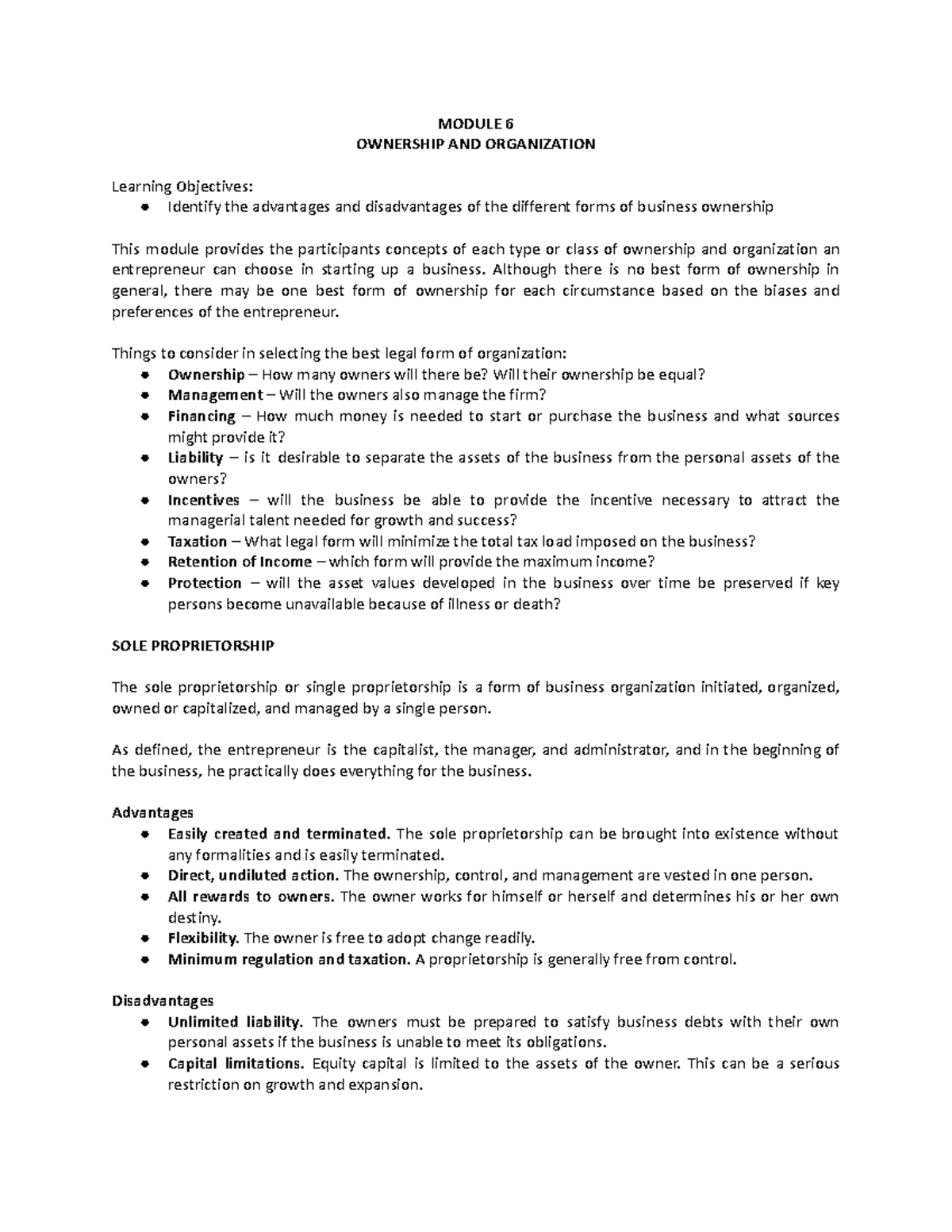 Entrep Module 6 - MODULE 6 OWNERSHIP AND ORGANIZATION Learning ...