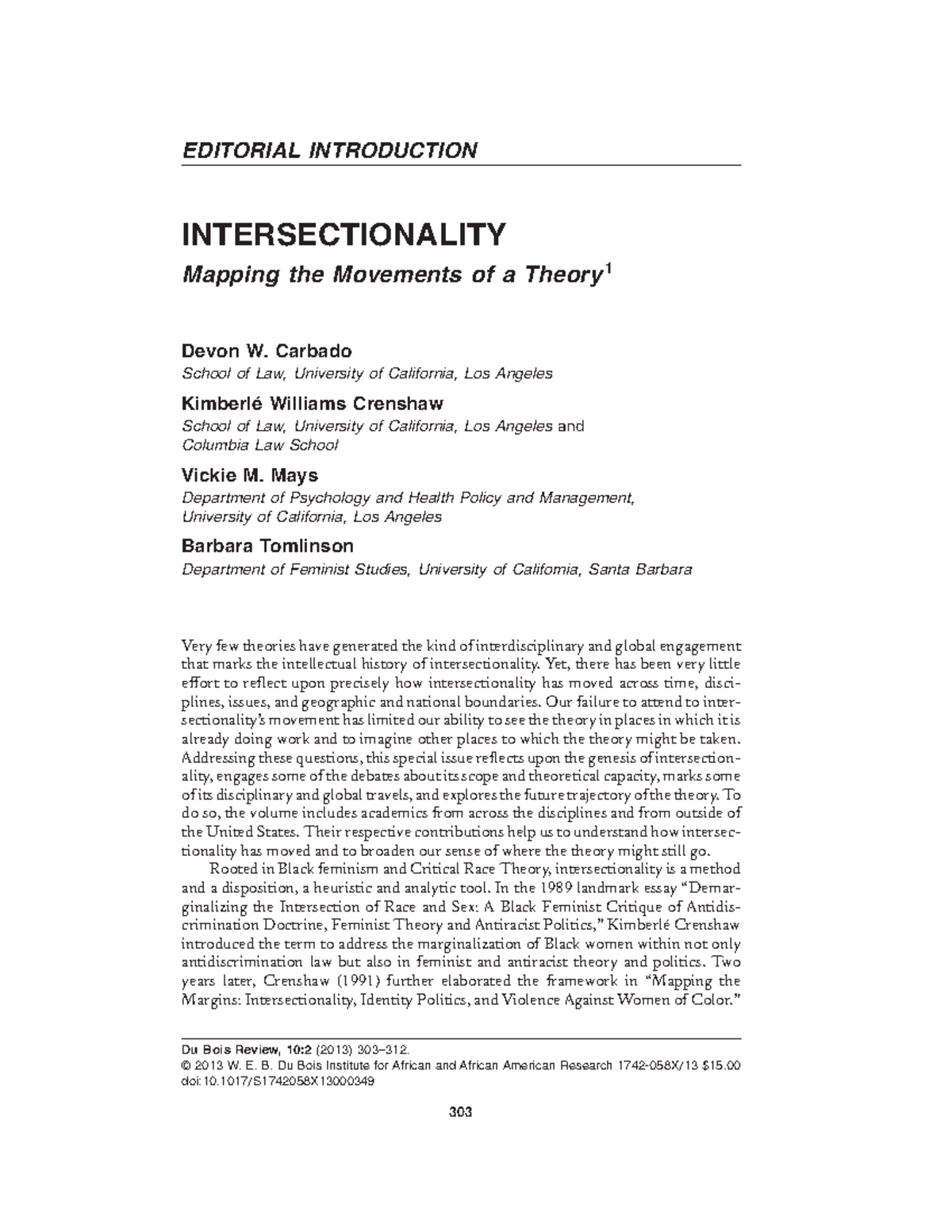 Intersectionality Mapping the Movements of a Theory - EDITORIAL INTRODUCTION INTERSECTIONALITY ...