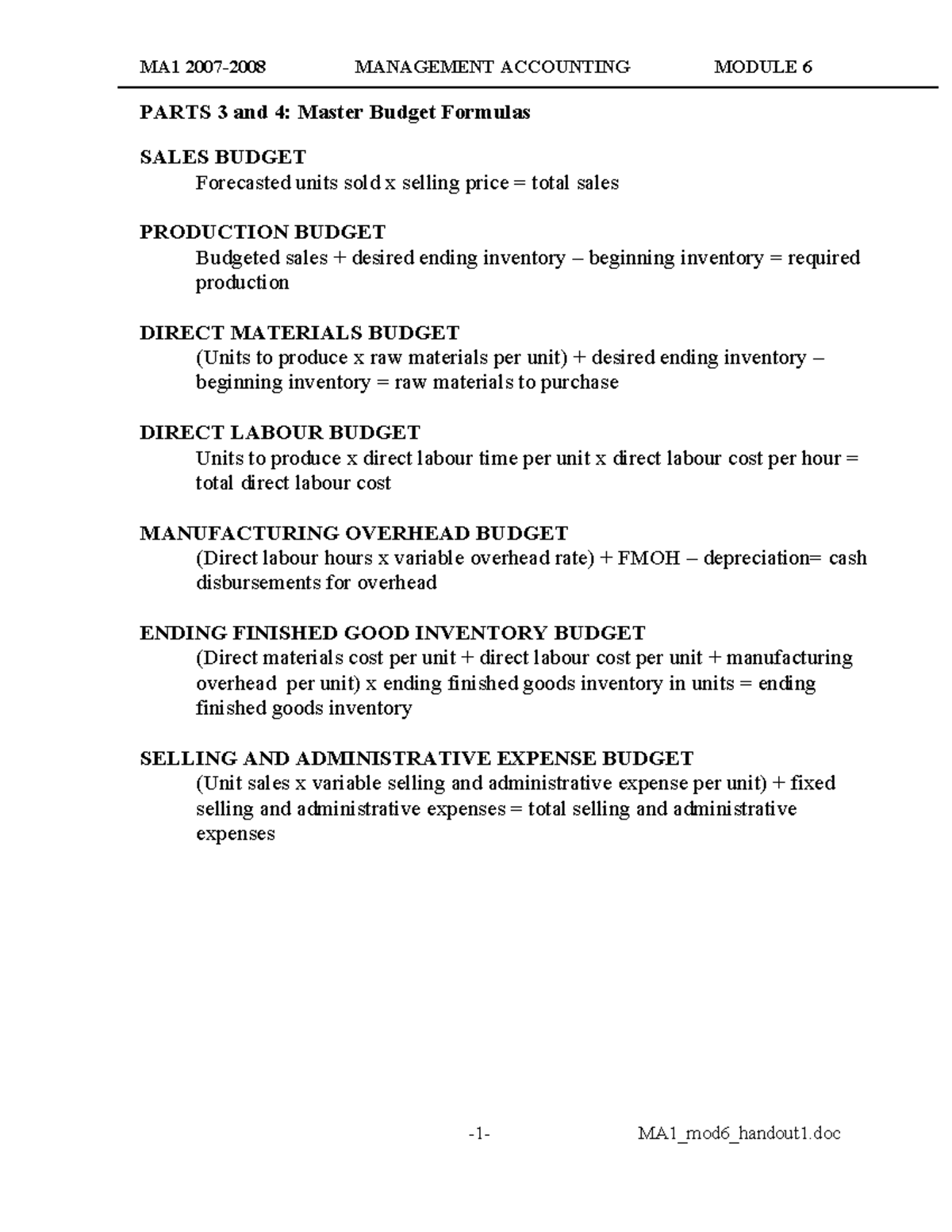 Master Budget Sample Problems - PARTS 3 and 4: Master Budget Formulas ...