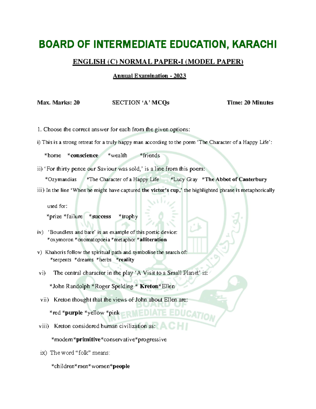 English C Normal Paper I - BOARD OF INTERMEDIATE EDUCATION, KARACHI ...