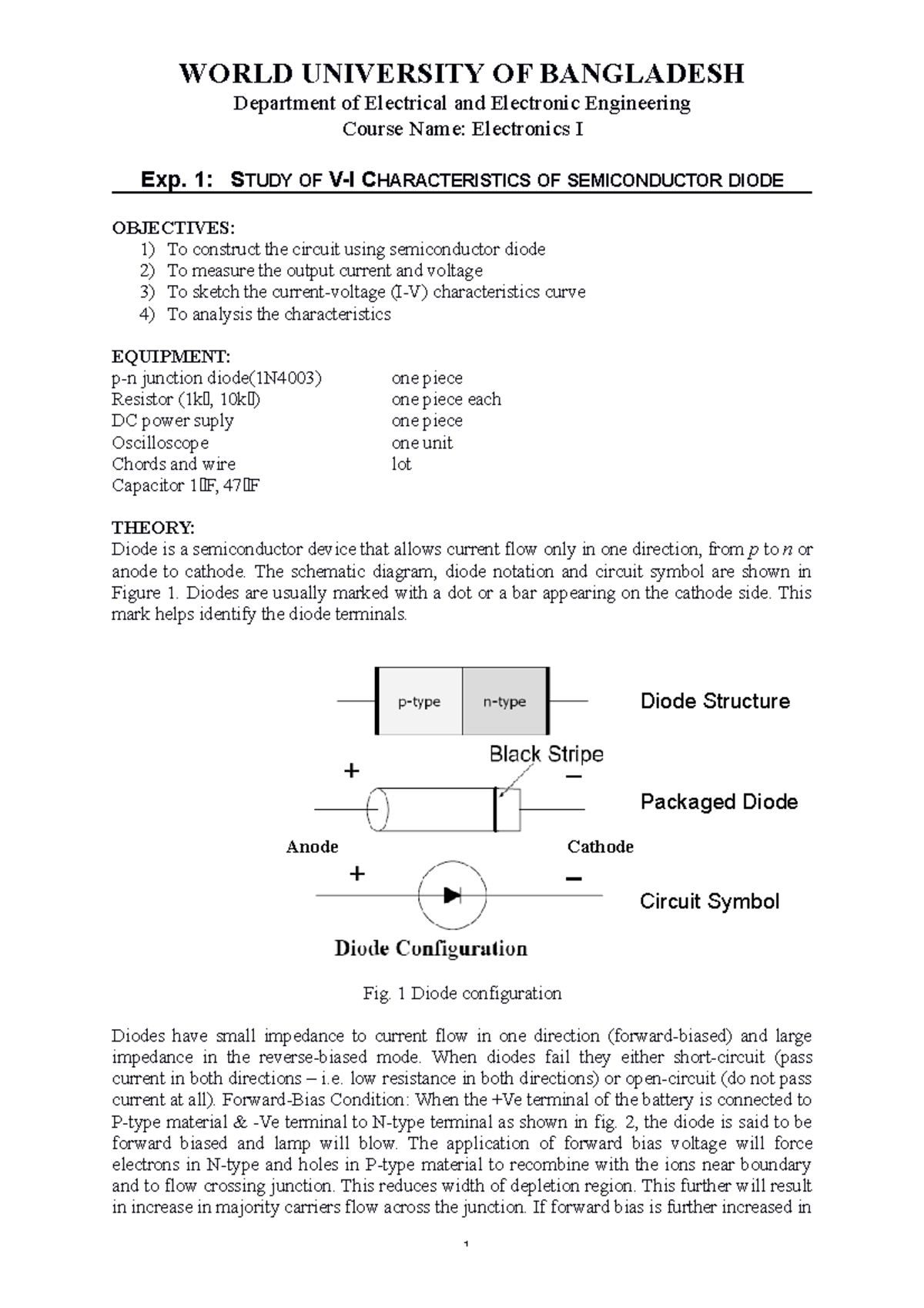 Ex-1- Study of diode characteristics - WORLD UNIVERSITY OF BANGLADESH ...