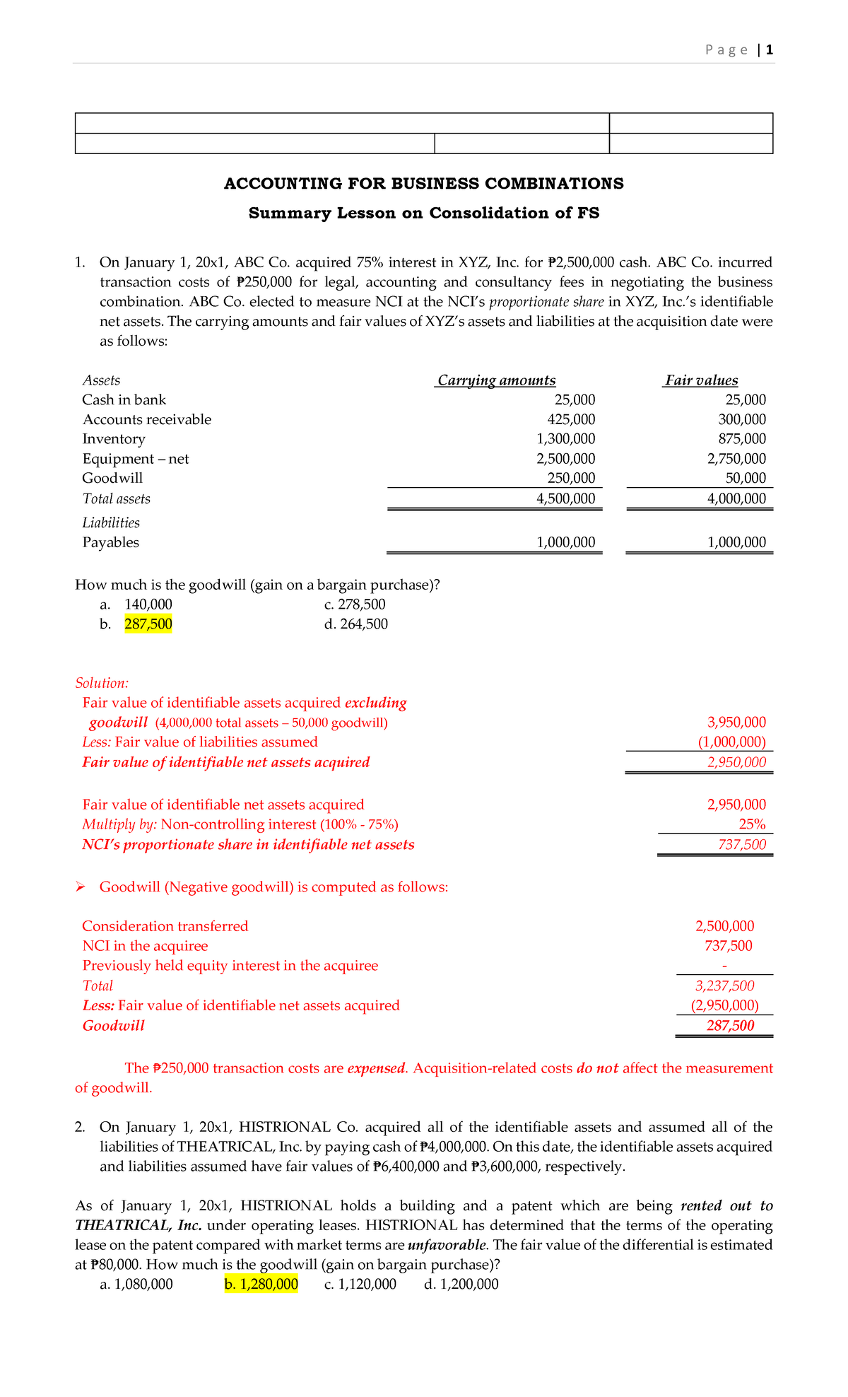 Sum lessons-console fs - ACCOUNTING FOR BUSINESS COMBINATIONS Summary ...