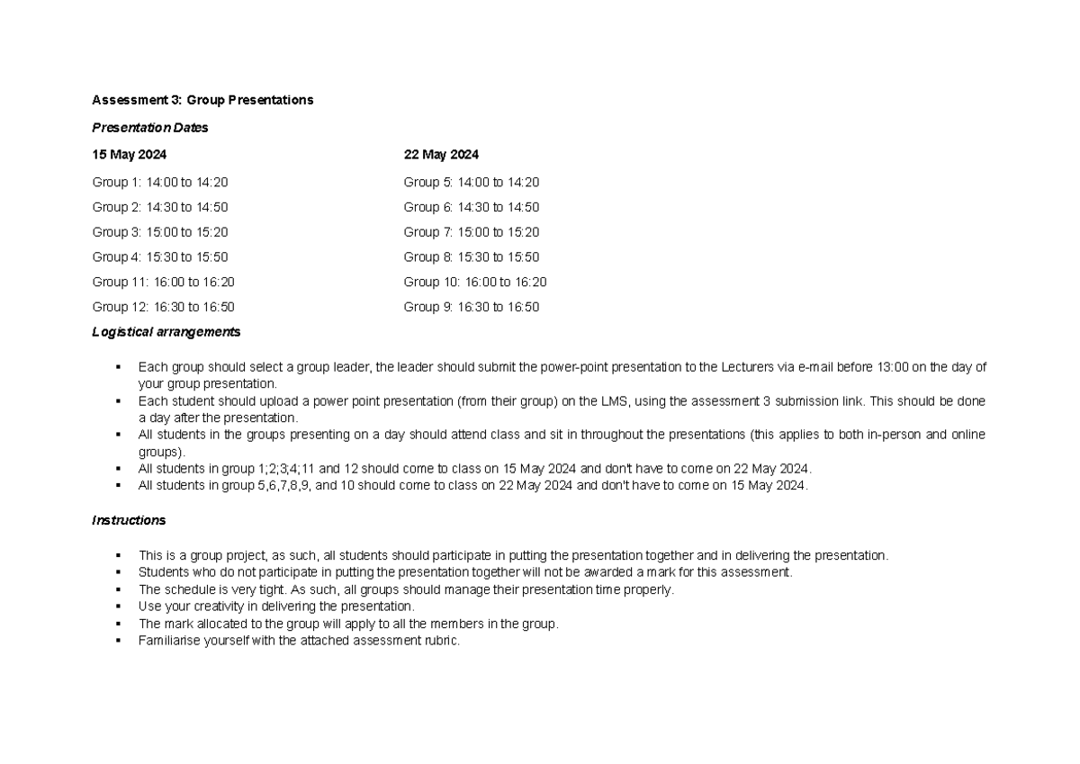 Assignment 3 and Rubric - Assessment 3: Group Presentations ...