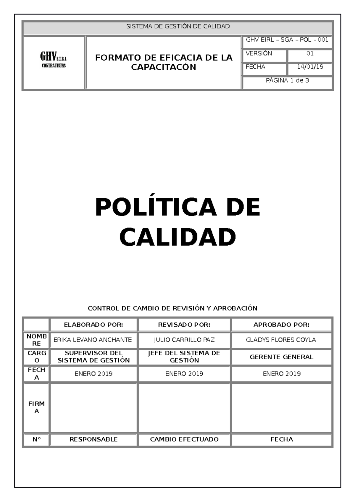 GHV EIRL -SGC-POL-001 Política DE Calidad - SISTEMA DE GESTIÓN DE ...