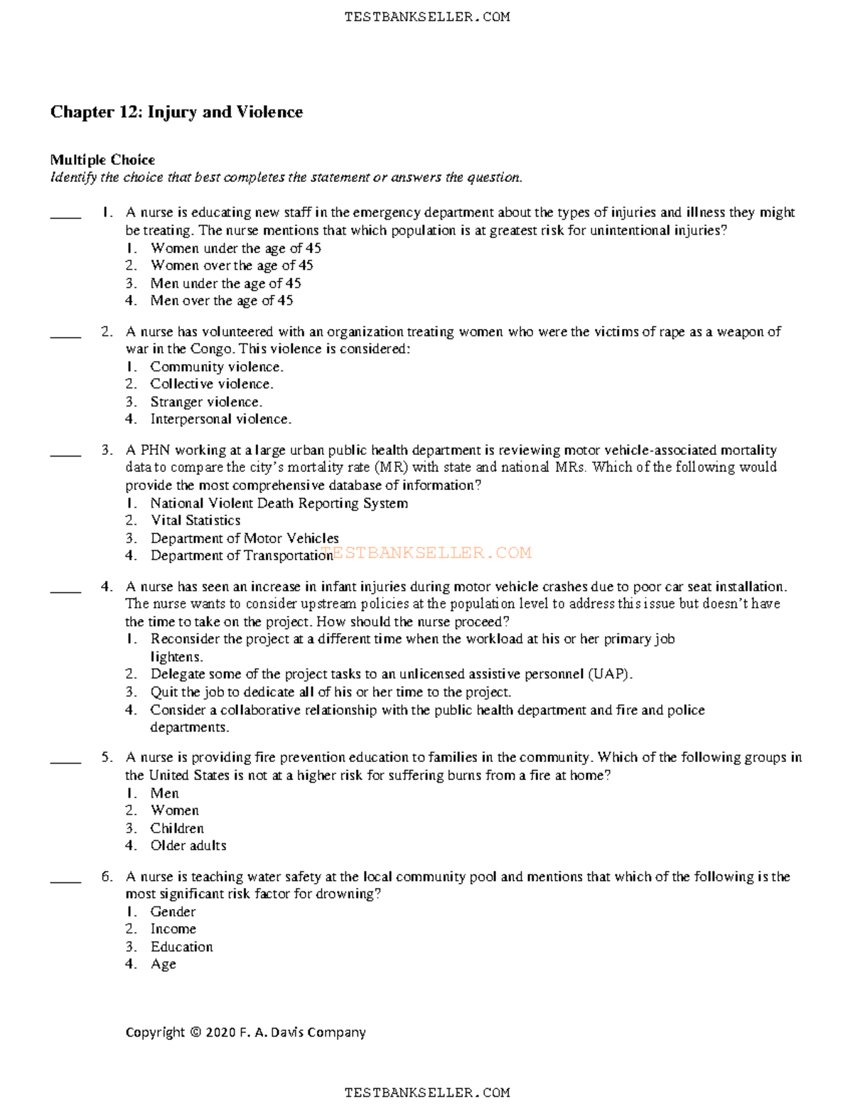 Ch12 - Study questions - TESTBANKSELLER Copyright © 2020 F. A. Davis ...