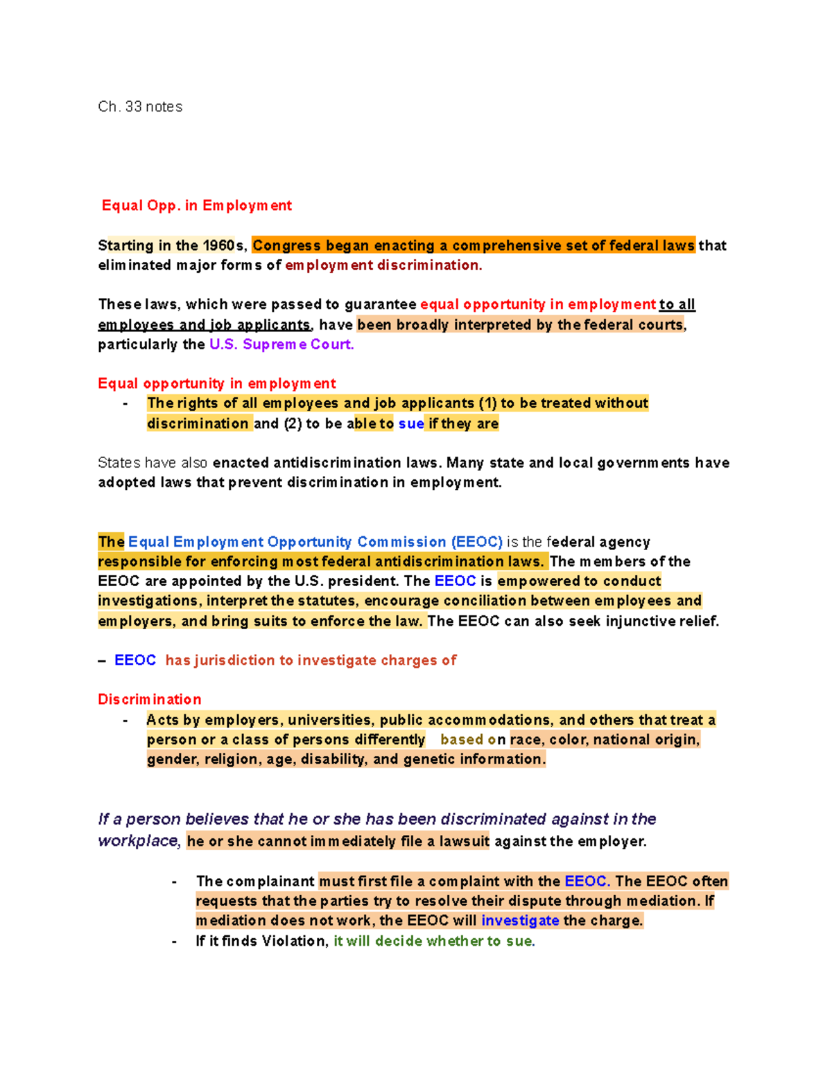 Ch 33 notes - Google docs - Ch. 33 notes Equal Opp. in Employment ...