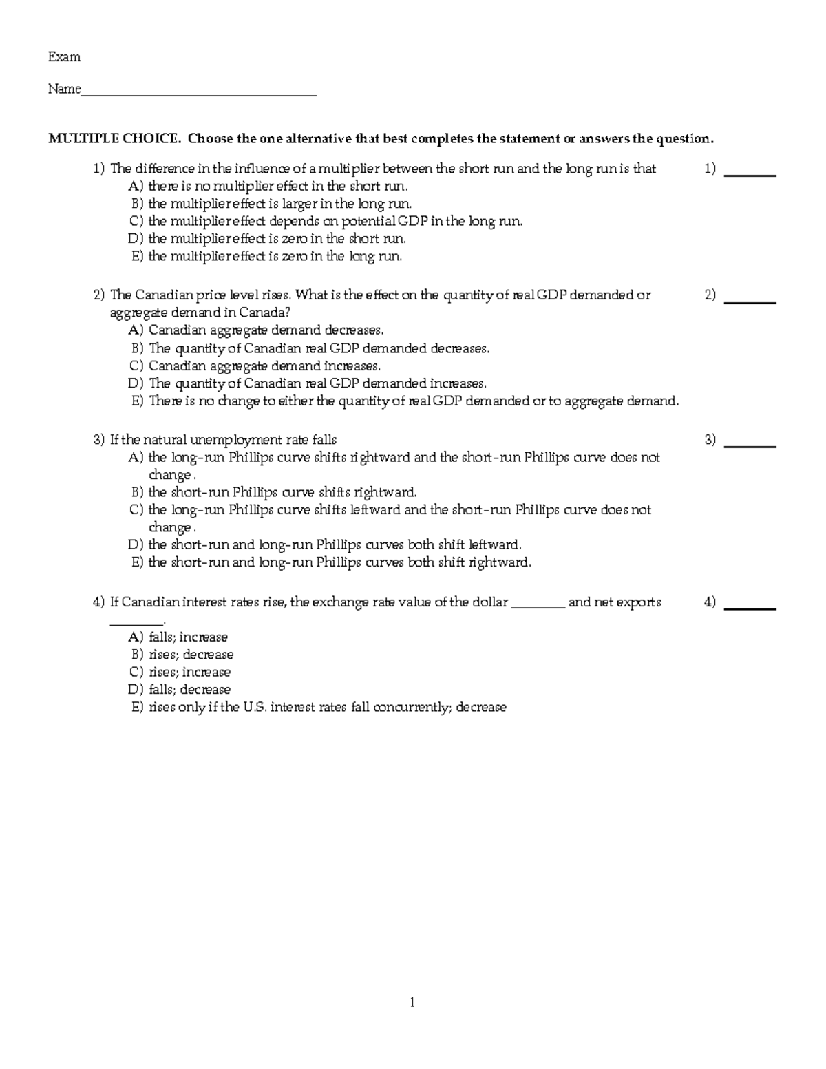 Practice Multiple Choice Exam Two With Solutions - Exam Name