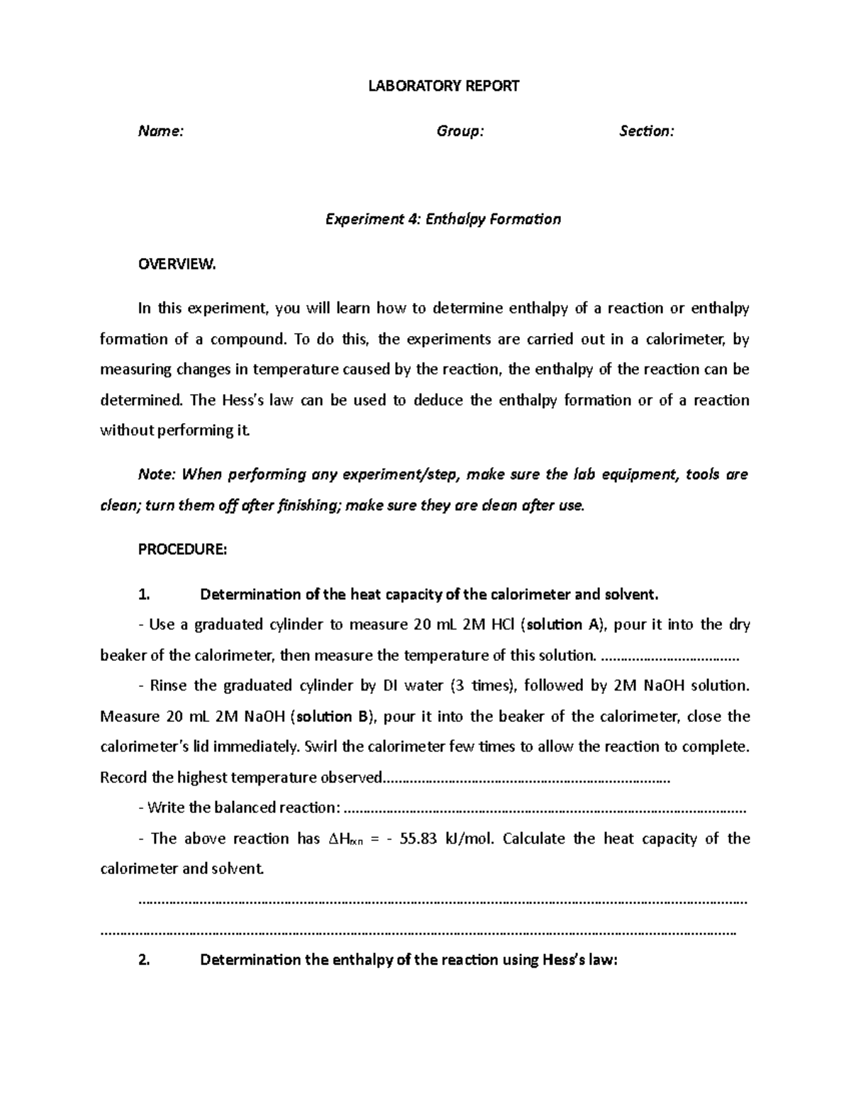 LAB Report 4 - tài liệu thí nghiệm môn hoá đại cương - LABORATORY ...