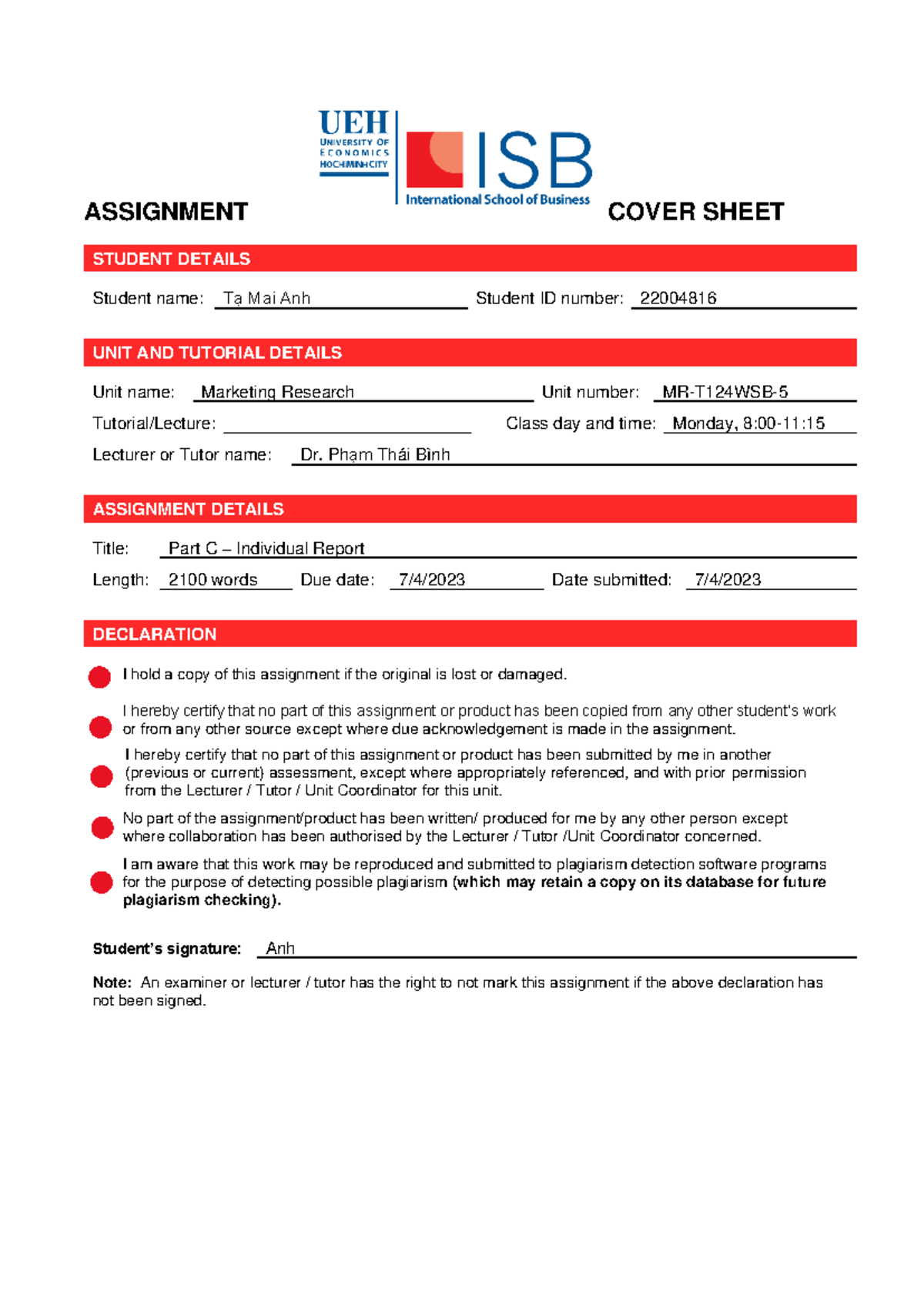 Individual Assignment Cover Sheet ISB edited - ASSIGNMENT COVER SHEET STUDENT DETAILS Student ...