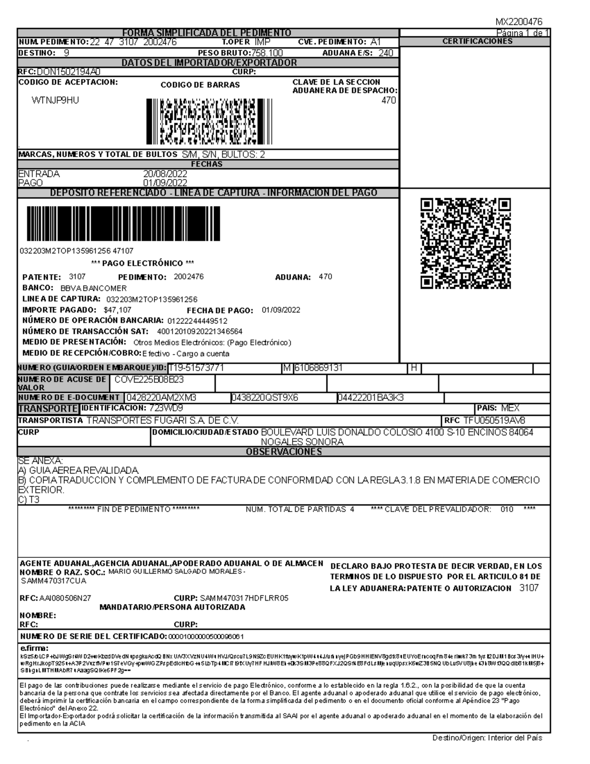 Simplificado - MX FORMA SIMPLIFICADA DEL PEDIMENTO NUM. PEDIMENTO: 9 22 ...