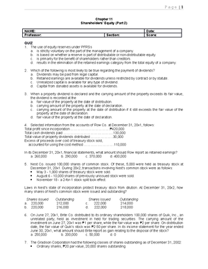 QUIZ Chapter 10 SHE PART 1 2021 - P a g e | 1 Chapter 10 Shareholders ...