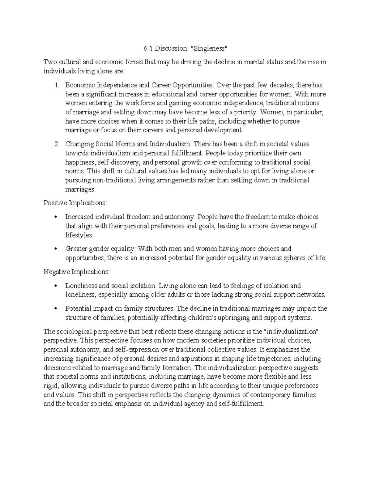 6-1 Discussion Singleness - 6-1 Discussion: "Singleness" Two cultural ...