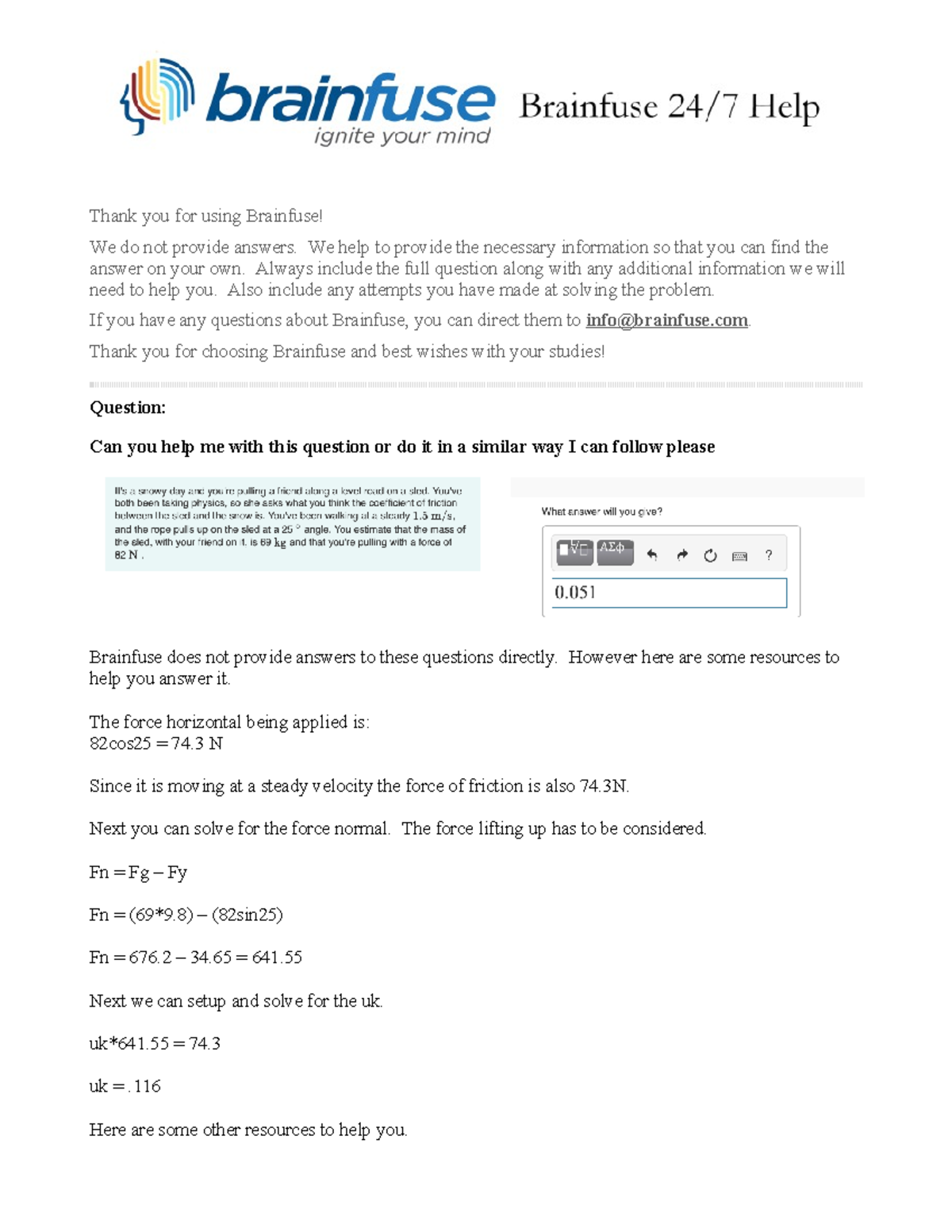 Brainfuse Study Guide on Force Calculations and Friction - Thank you for using Brainfuse! We do ...