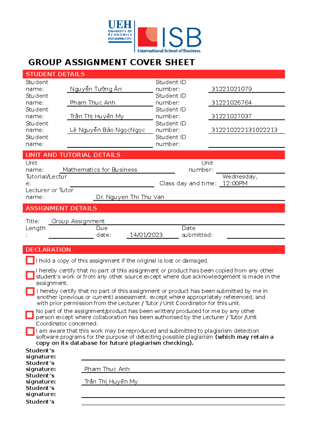 Group Assignment MB - GROUP ASSIGNMENT COVER SHEET STUDENT DETAILS ...