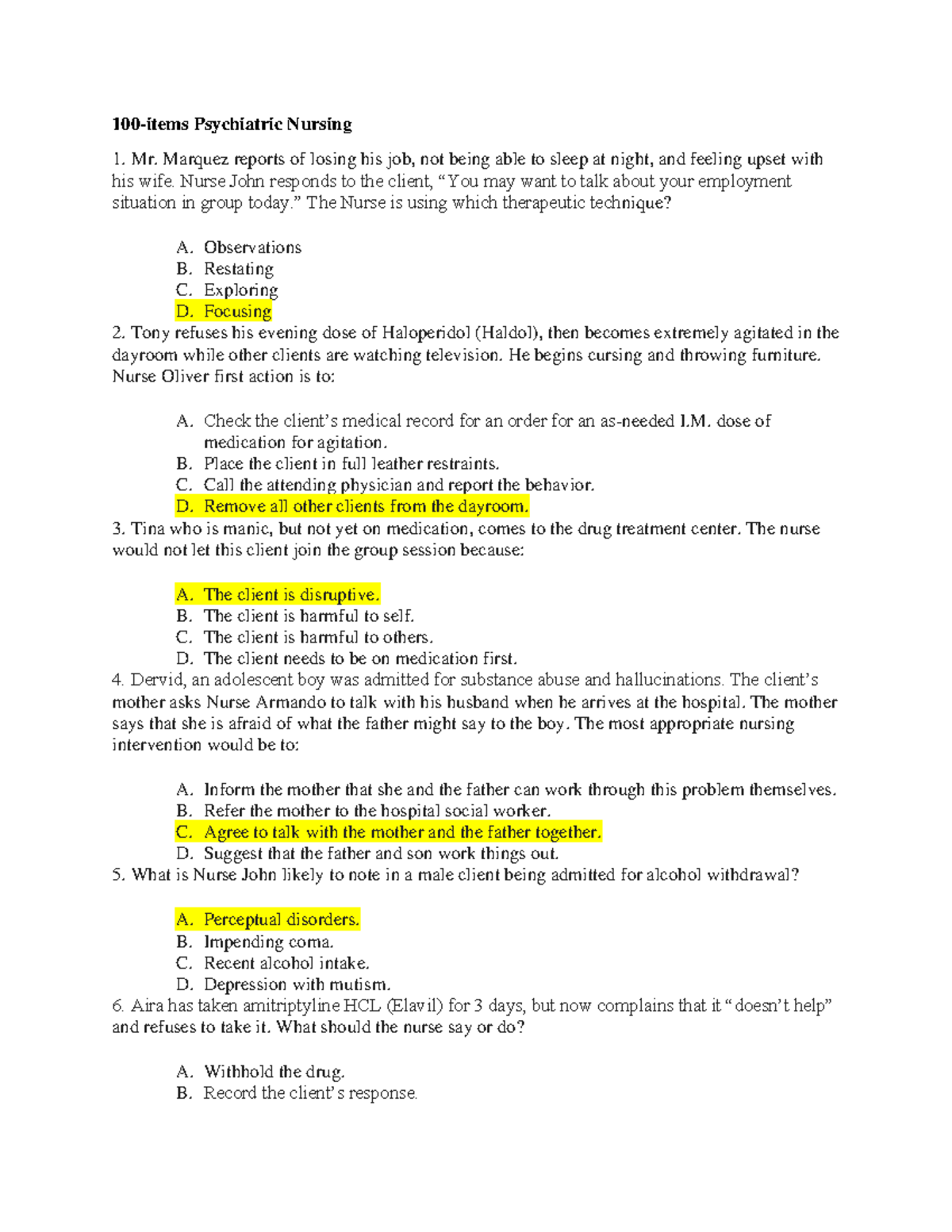 Psych - Nursing Notes - 100-items Psychiatric Nursing Mr. Marquez ...