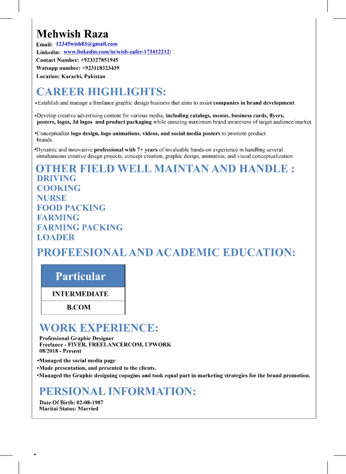 Resume - im mehwish im Graphic designer - Computer Networks - Studocu