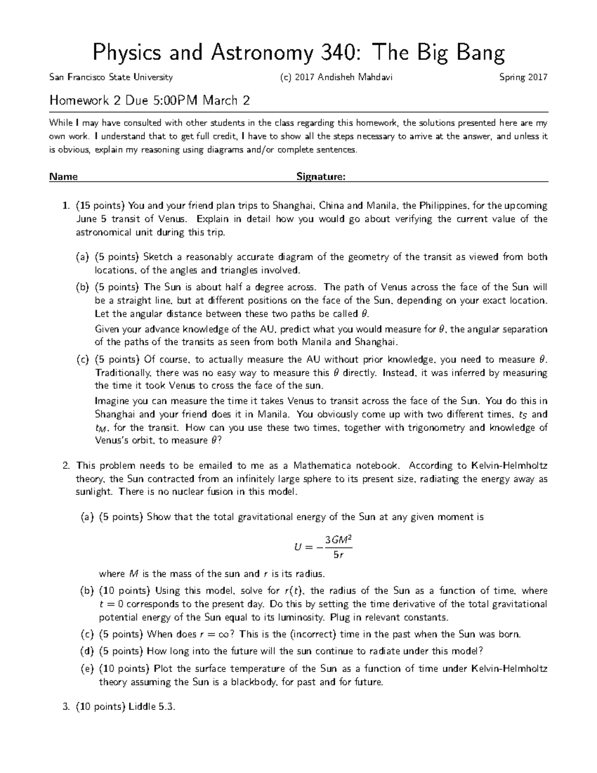 Hw2 - Homework assignment 2 - Physics and Astronomy 340: The Big Bang San Francisco State ...